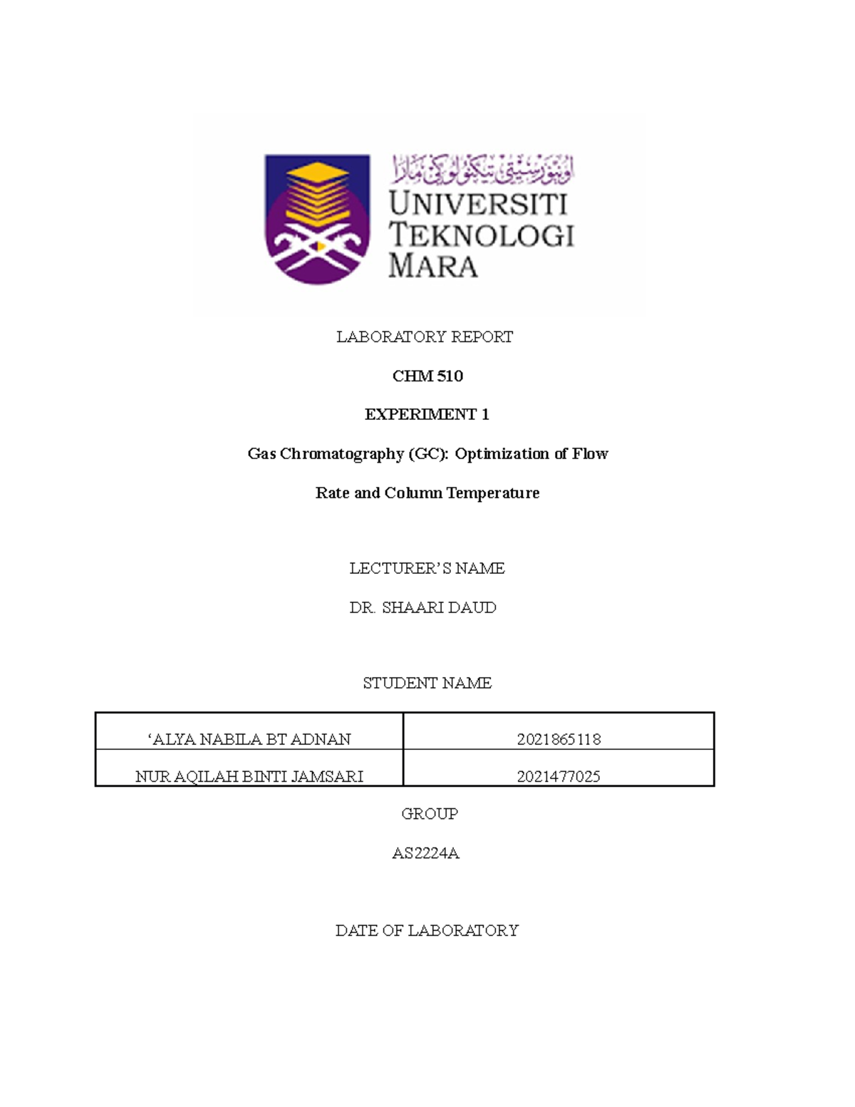 EXP 1 CHM 510 - experiment 1 advanced chem - LABORATORY REPORT CHM 510 ...