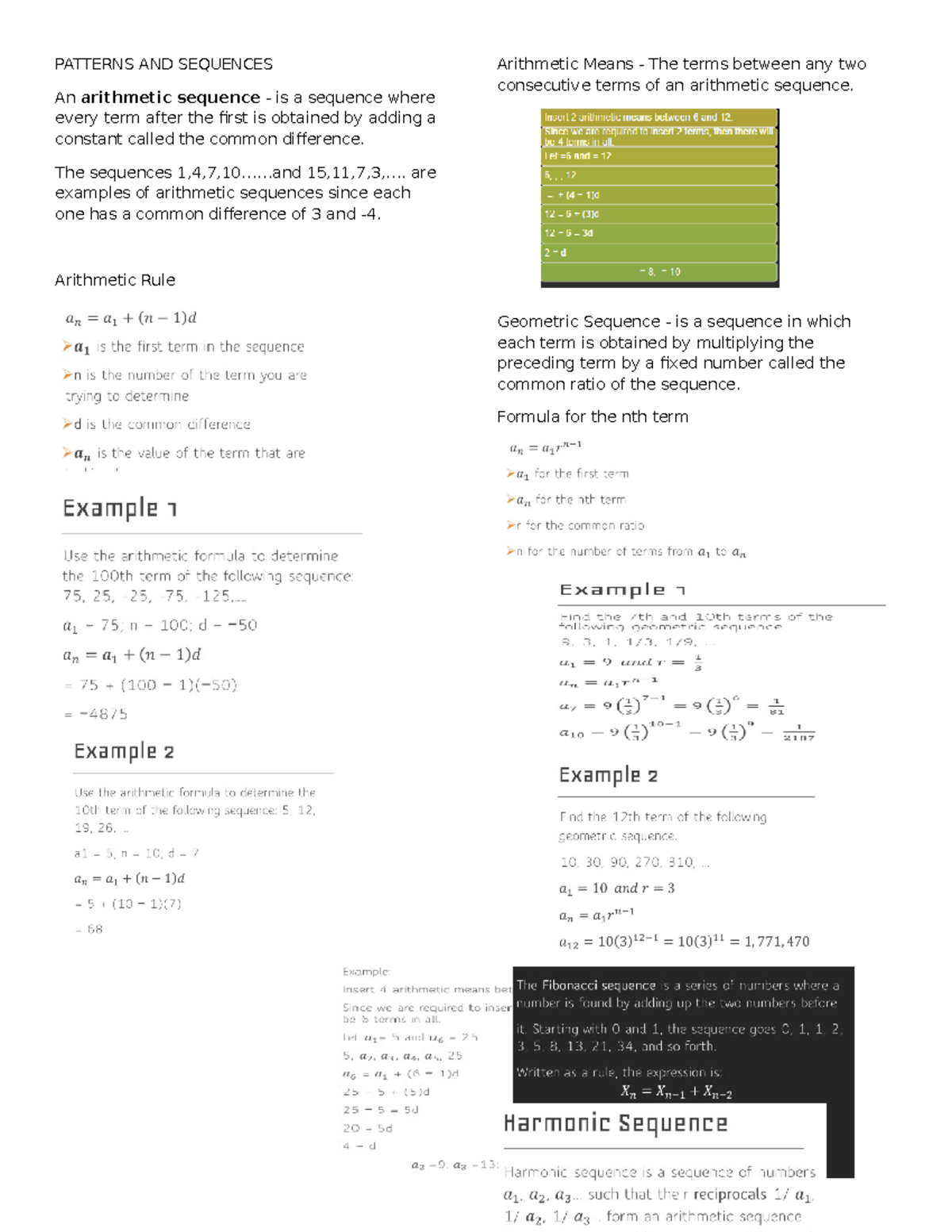 Math - notes in math - PATTERNS AND SEQUENCES An arithmetic sequence ...