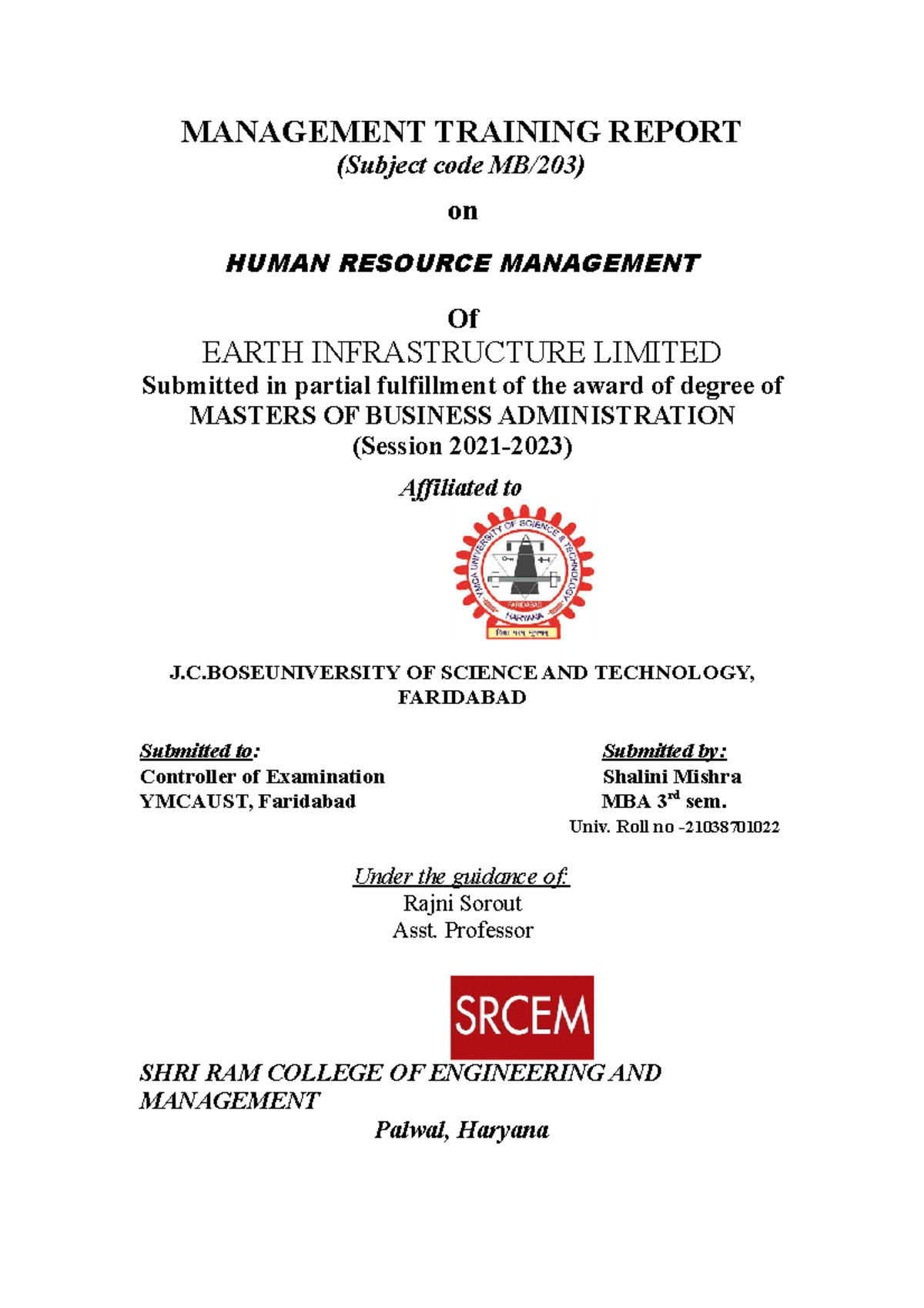 Human Resource Management - MANAGEMENT TRAINING REPORT (Subject code MB ...