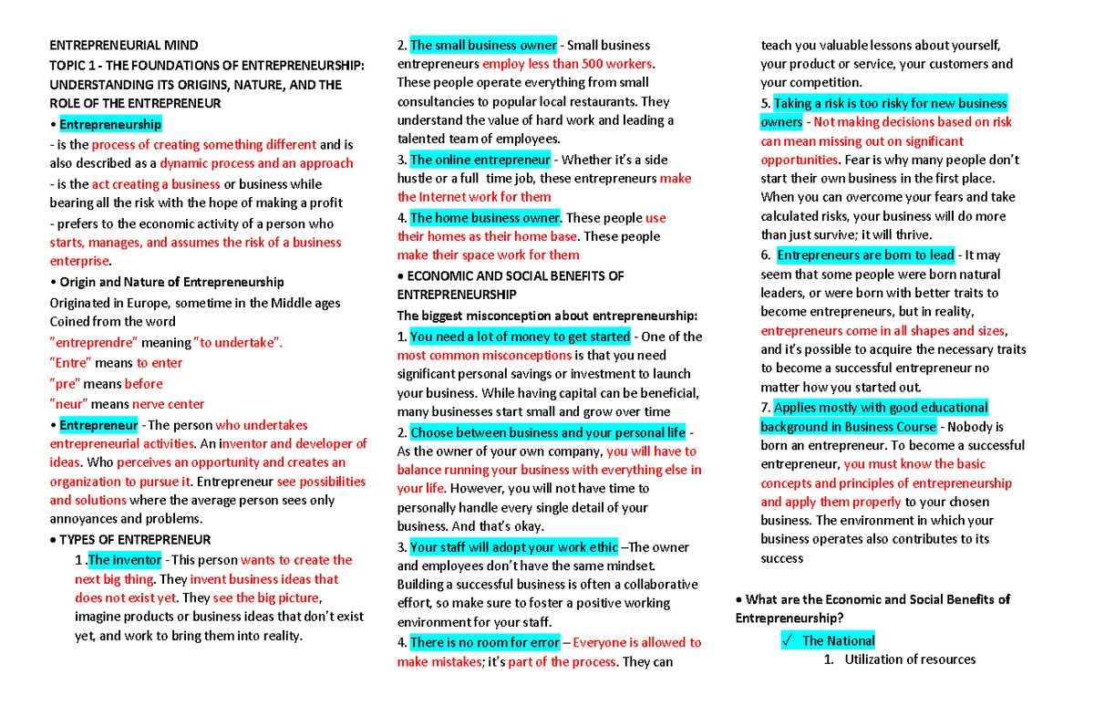 Entrep - Notes - ENTREPRENEURIAL MIND TOPIC 1 - THE FOUNDATIONS OF ...