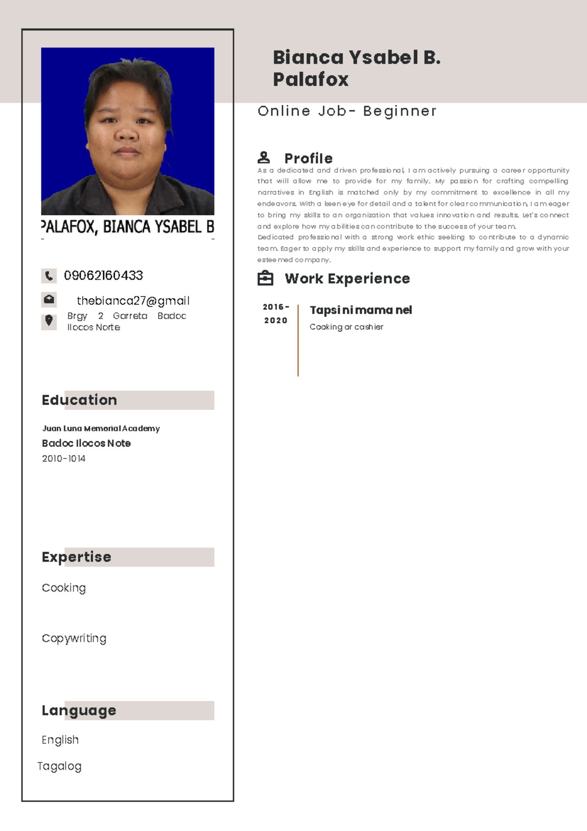 Bianca Ysabel B. Palafox Resume - Profile Work Experience Brgy 2 Garreta Badoc Ilocos Norte Juan ...