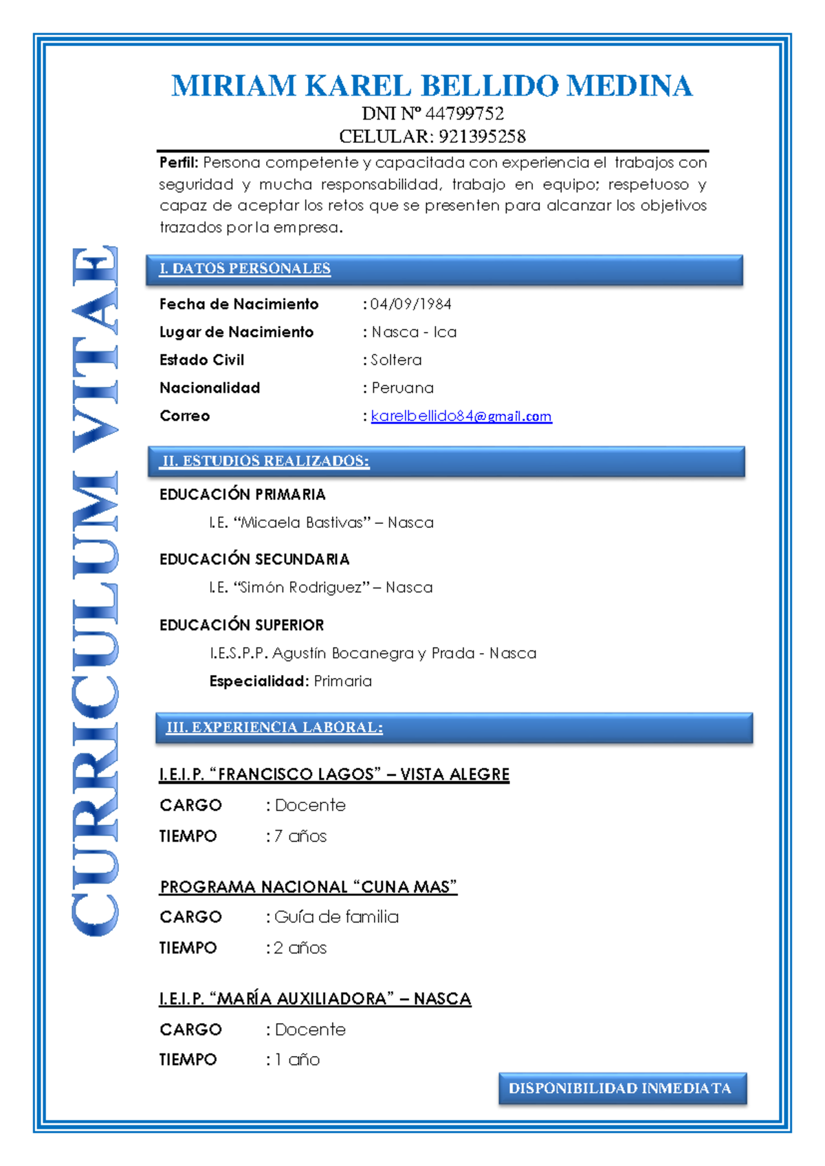 CV - Miriam - curriculum - II. ESTUDIOS REALIZADOS: DISPONIBILIDAD ...