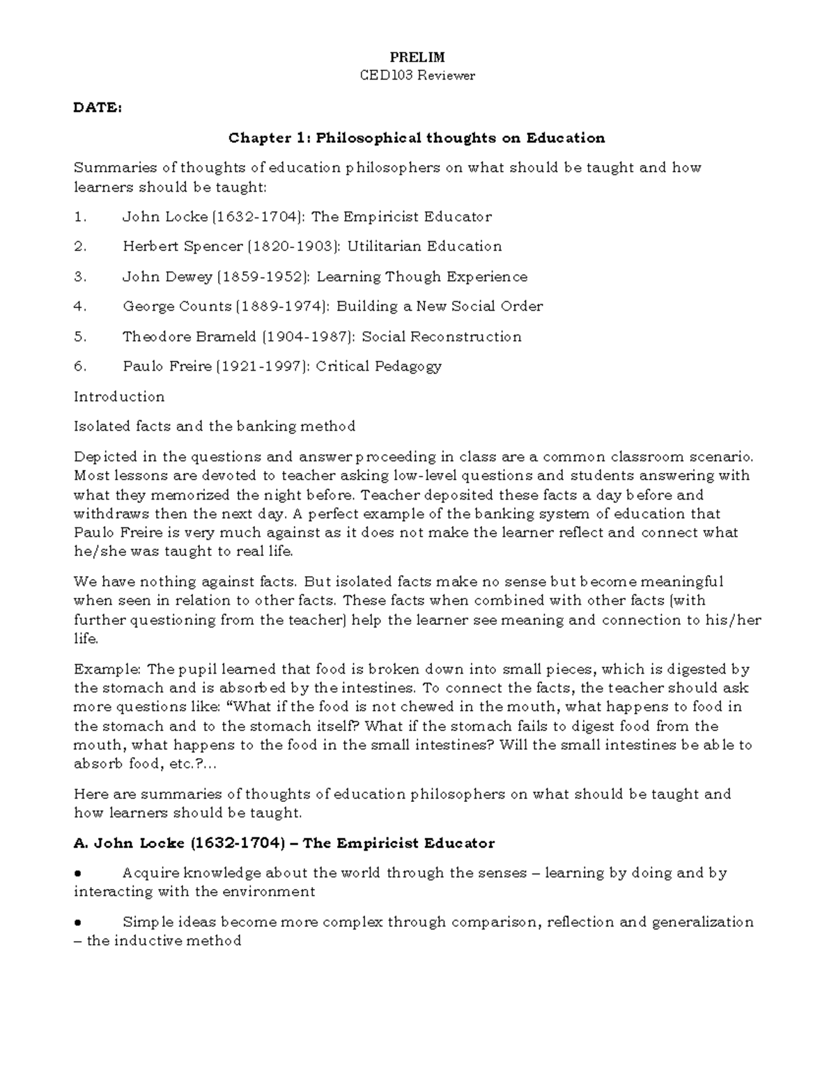 CED103 (Prelim) - None - CED103 Reviewer DATE: Chapter 1: Philosophical ...