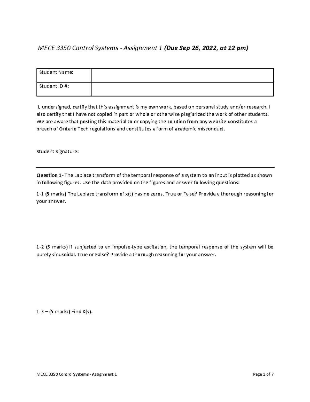 MECE 3350 Control Systems -Assignment 1-001 - MECE 3350 Control Systems - Assignment 1 (Due Sep ...