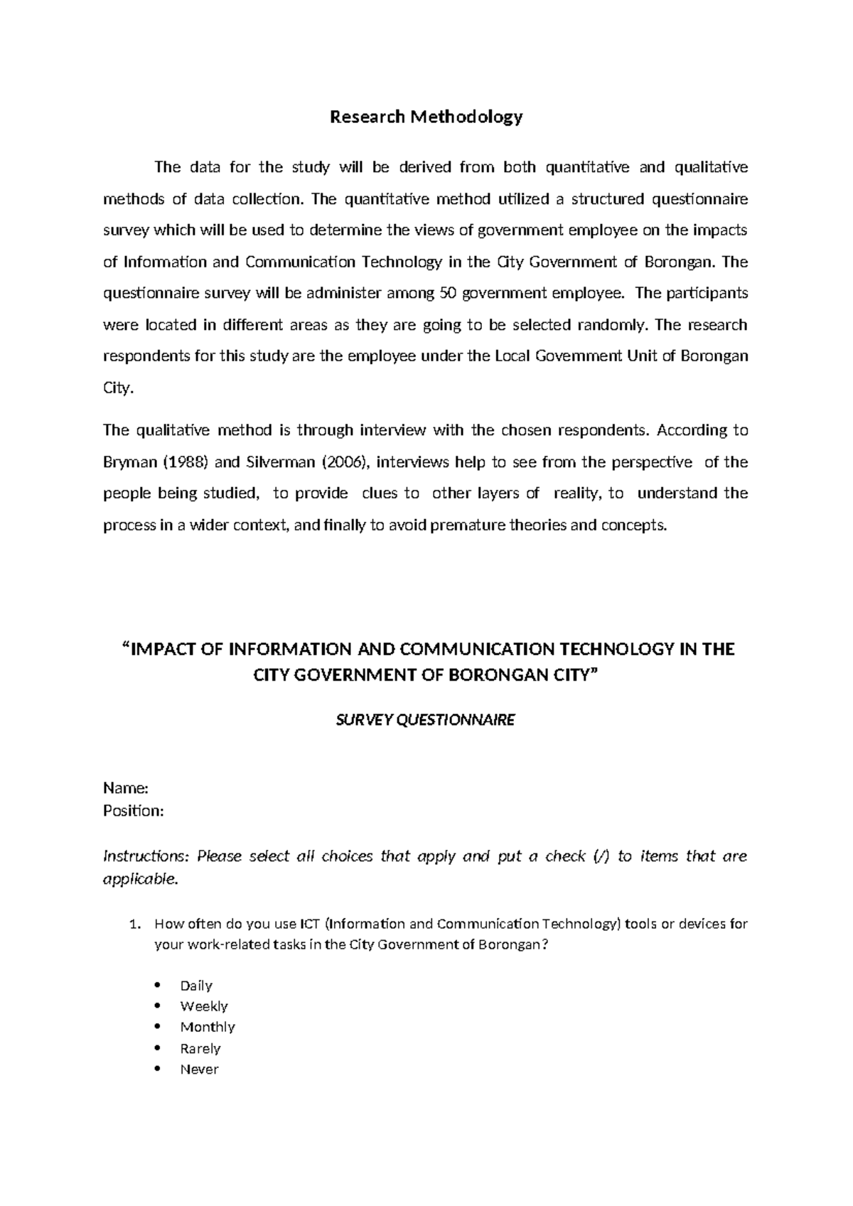 Methodology and Research-Questionnaire - Research Methodology The data ...