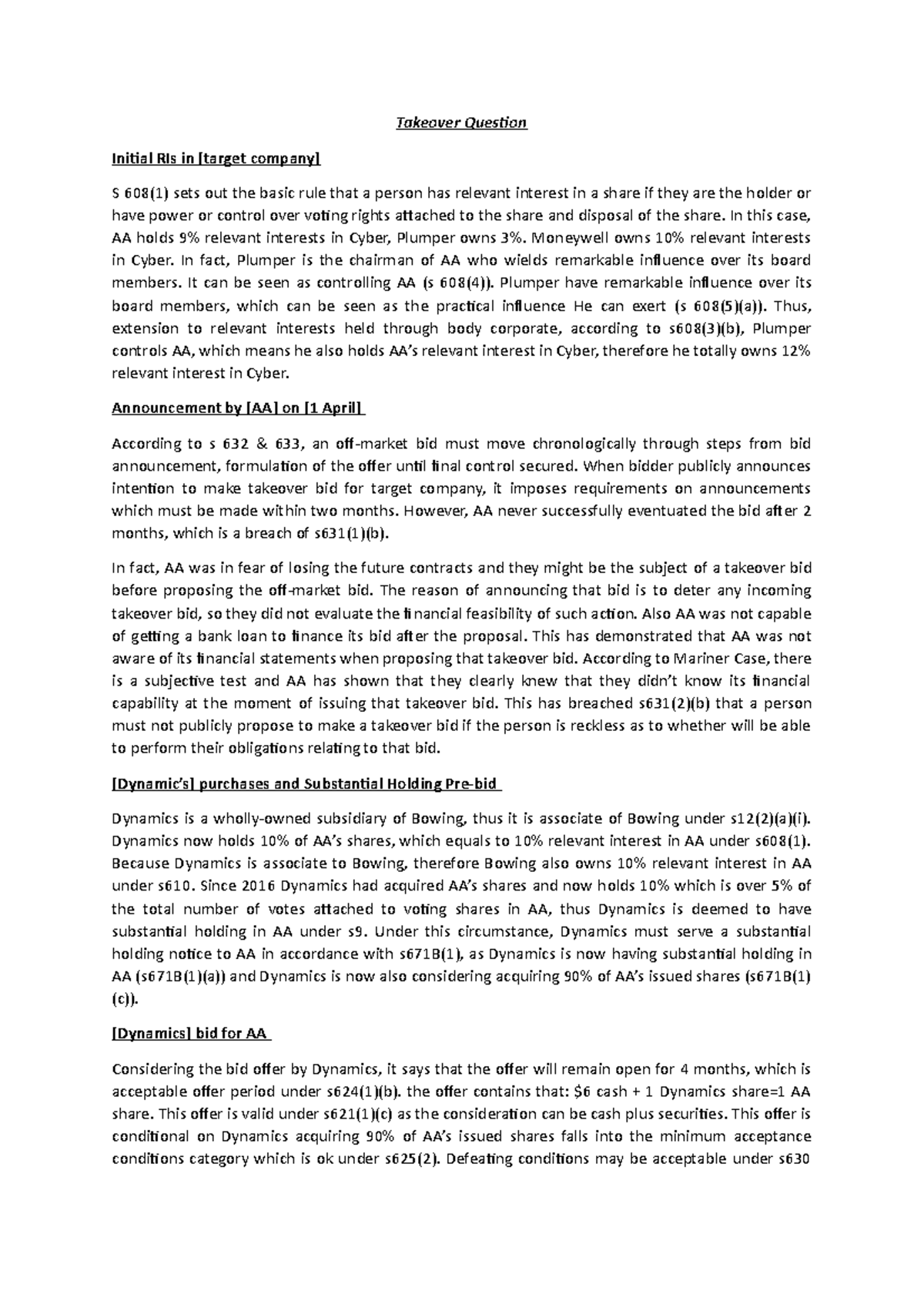 Sample/practice exam 3 November 2017, answers - Takeover Question ...