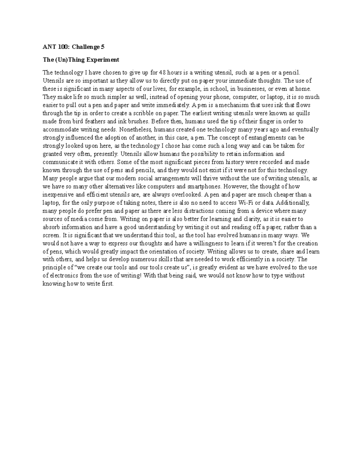 ANT100 Challenge 6 - ANT 100: Challenge 5 The (Un)Thing Experiment The ...