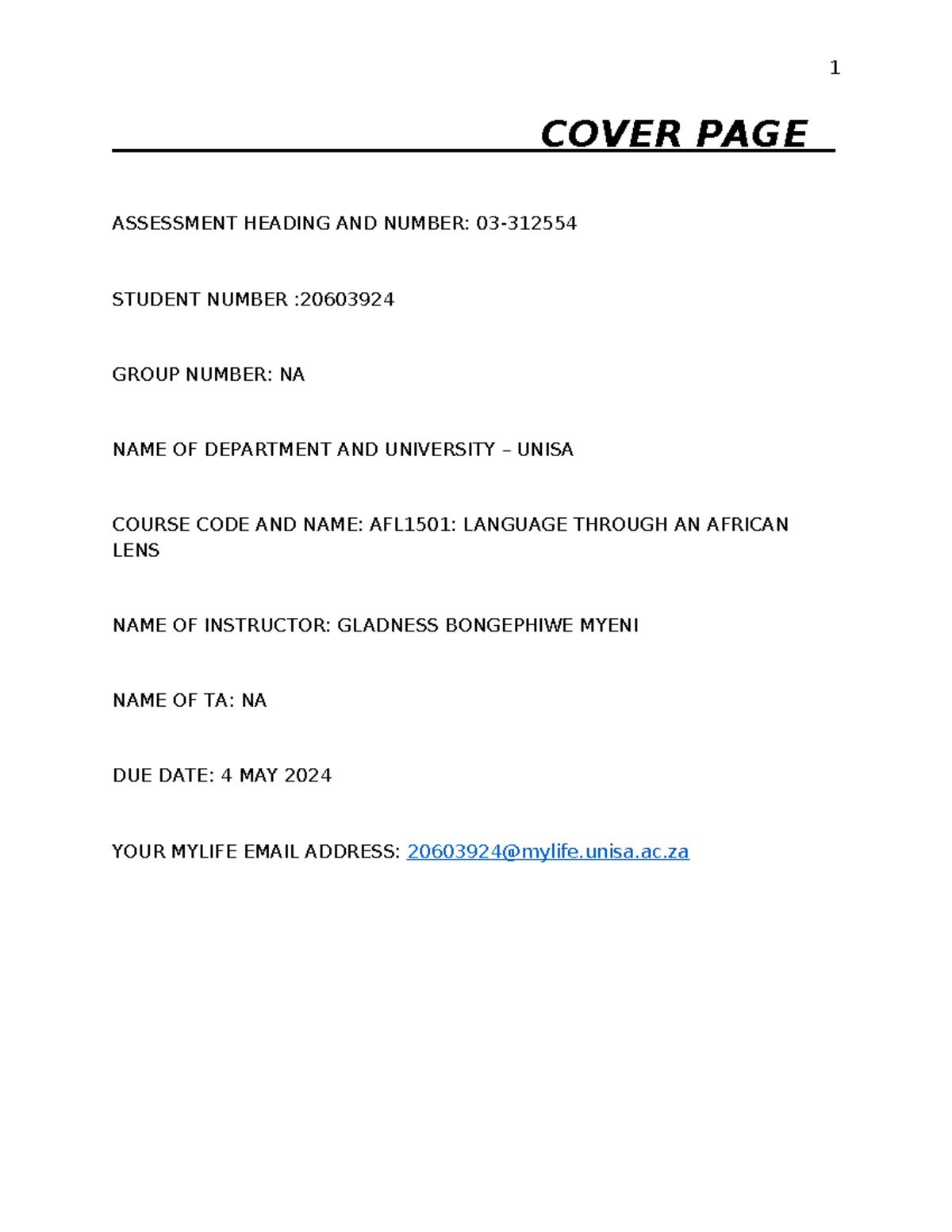 Assessment 3 - COVER PAGE ASSESSMENT HEADING AND NUMBER: 03- STUDENT ...