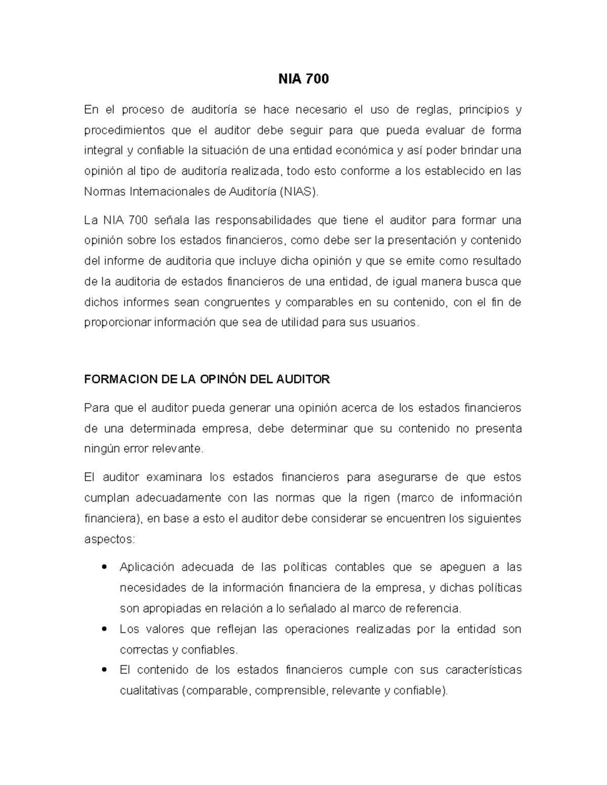 Ensayo NIA 700 del IMCP - NIA 700 En el proceso de auditoría se hace ...