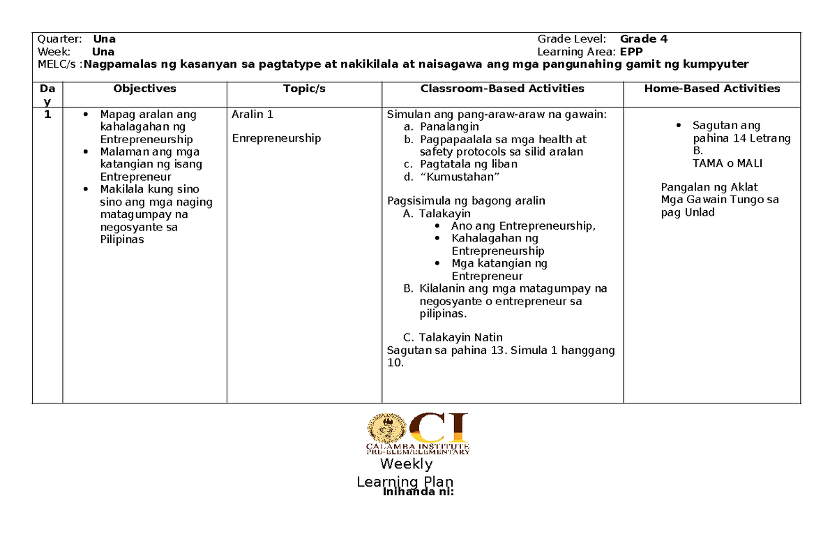 Weekly- Lesson-PLAN-EPP W1 D1 - Quarter: Una Grade Level: Grade 4 Week: Una Learning Area: EPP ...