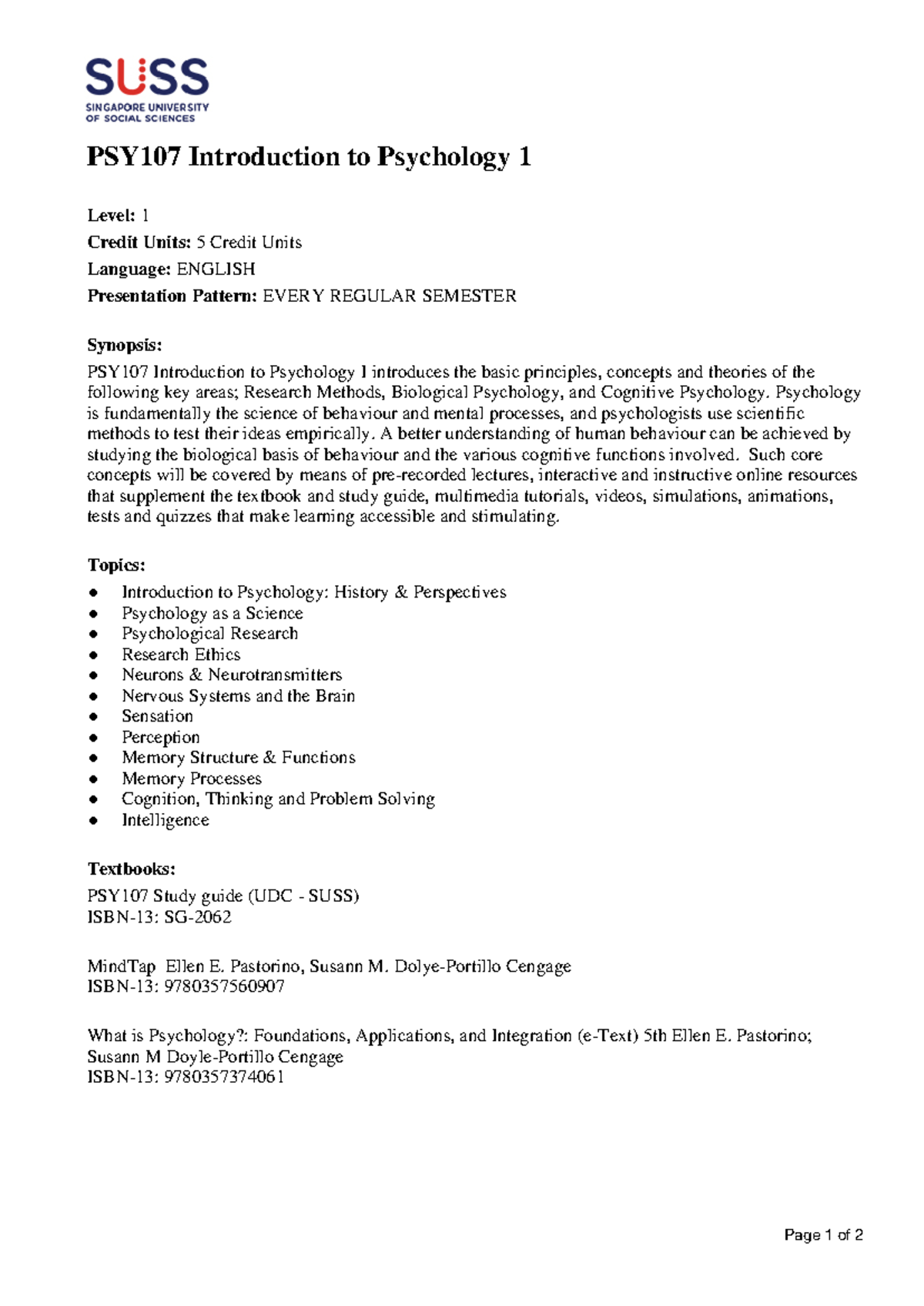 PSY107 - psy - PSY107 Introduction to Psychology 1 Level: 1 Credit ...