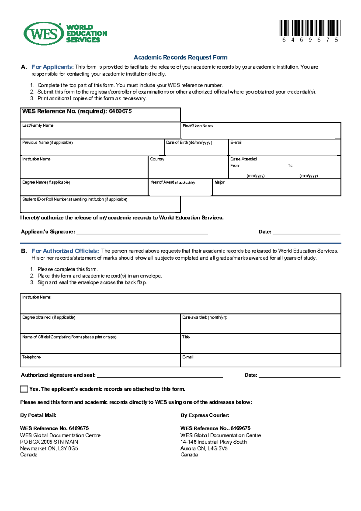 Transcript Request Form - 6469675 Academic Records Request Form A. For ...