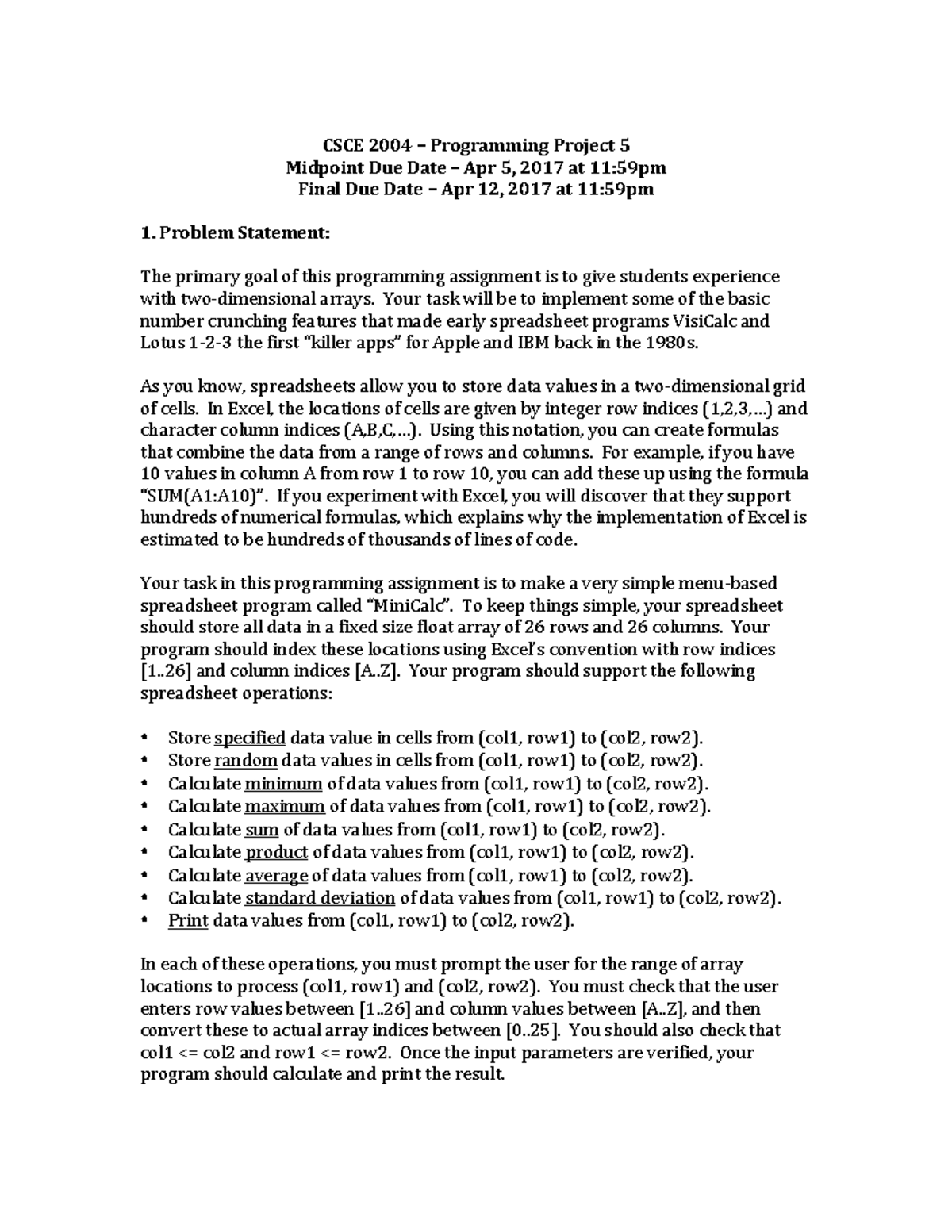 2240663 1 project 5 - **CSCE 2004 3 Programming Project 5 Midpoint Due Date 3 Apr 5, 2017 at 11 ...