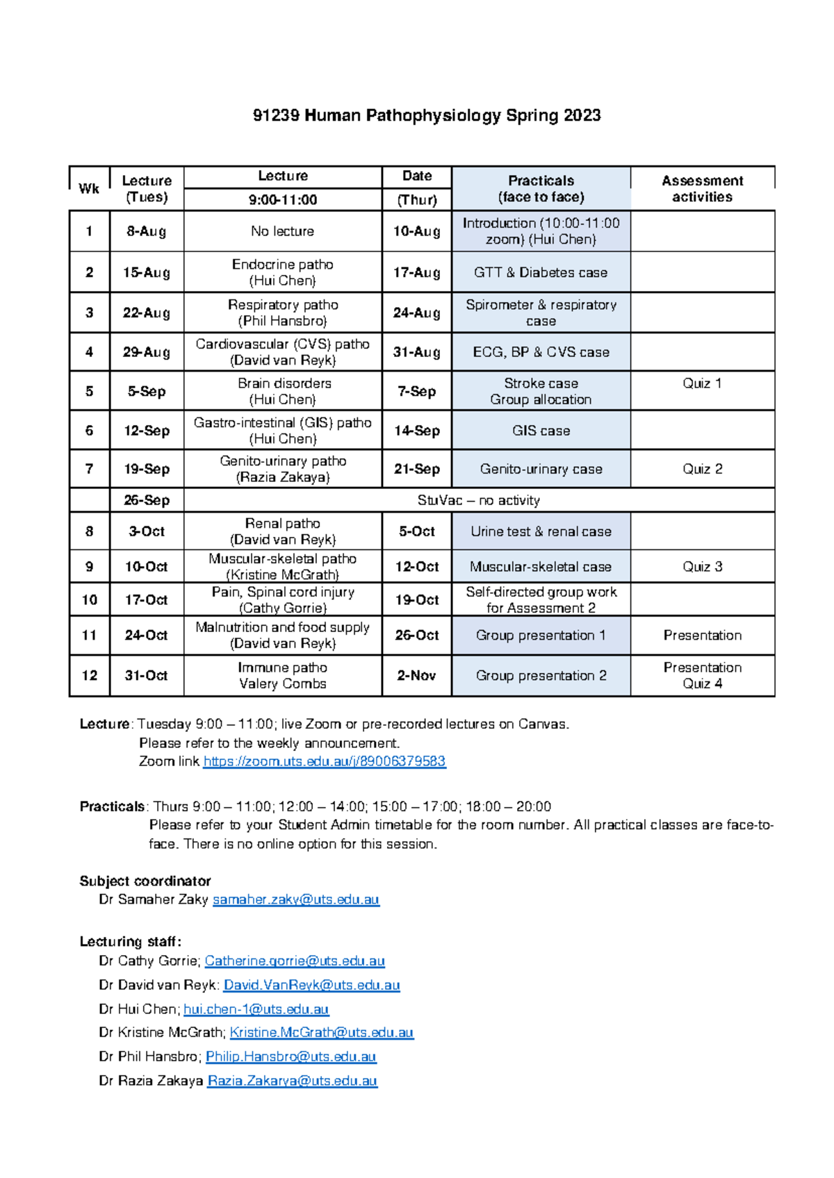 2023 HP timetable - yhtr - 91239 Human Pathophysiology Spring 20 23 Wk ...