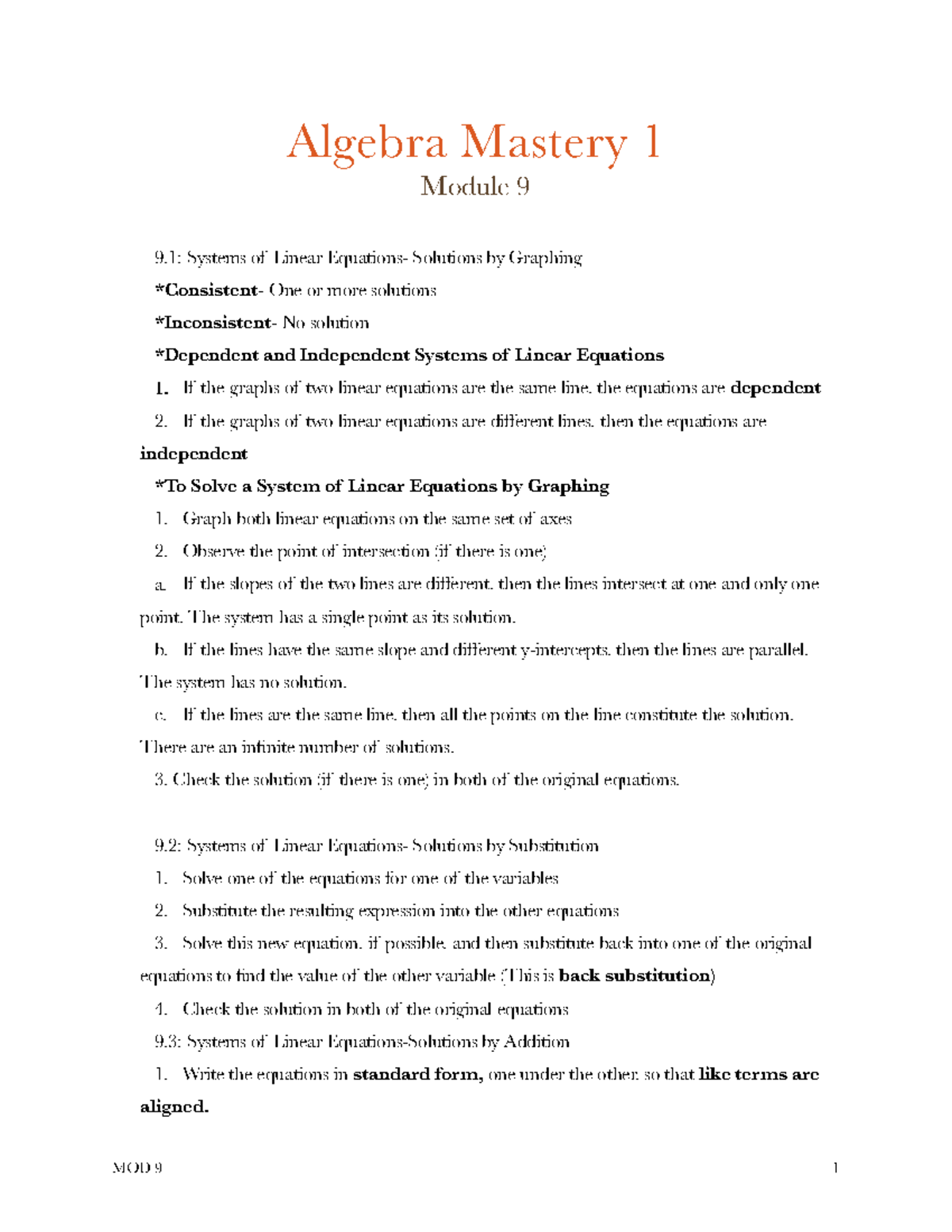 Mod 9 PDF - Lecture notes Mod 9 - Algebra Mastery 1 Module 9 9: Systems ...