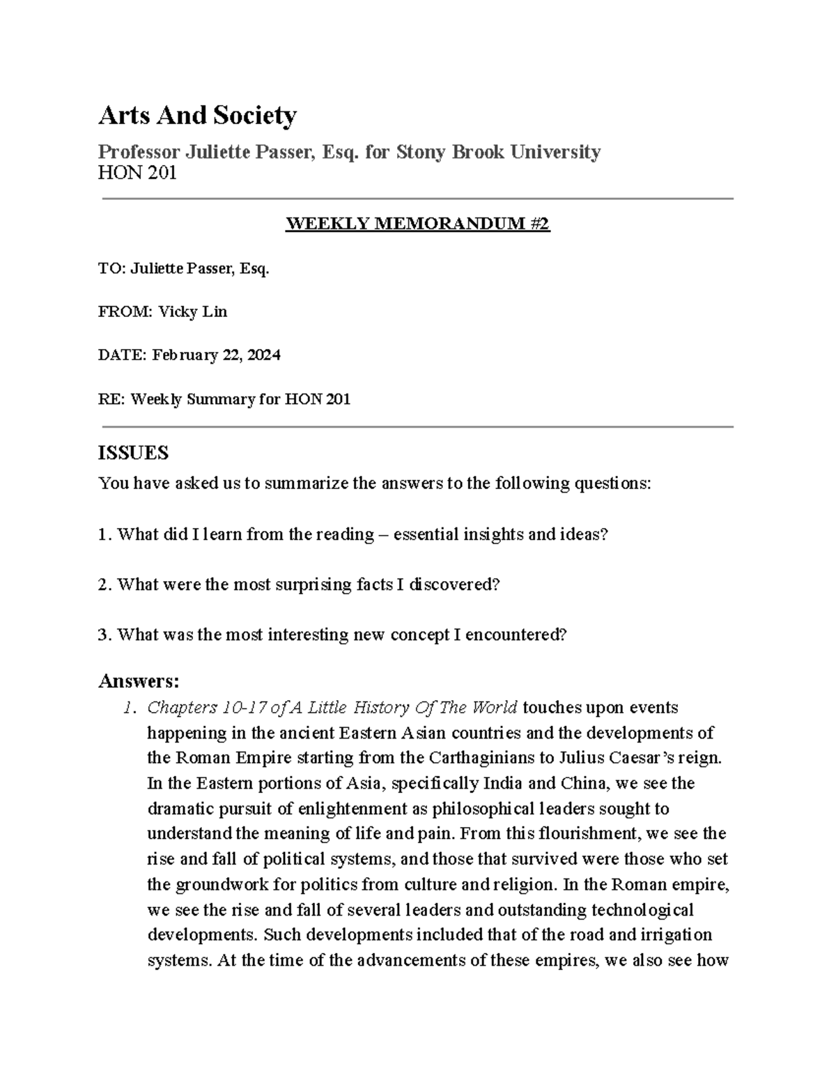 HON201 MEMO 2 - notes - Arts And Society Professor Juliette Passer, Esq ...