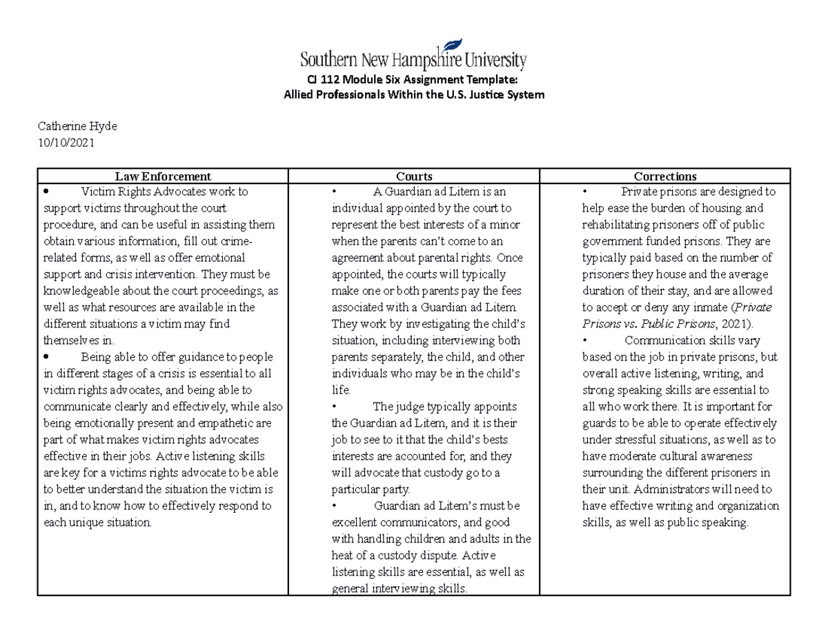 CJ 112 Allied Professionals - Catherine Hyde - CJ 112 Module Six ...