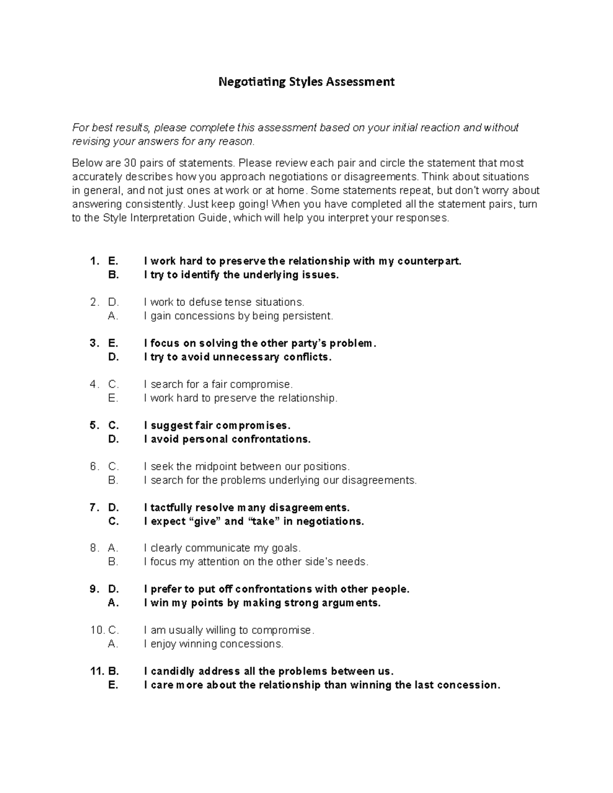 Self Assessment - Negotiating Styles Assessment For best results ...