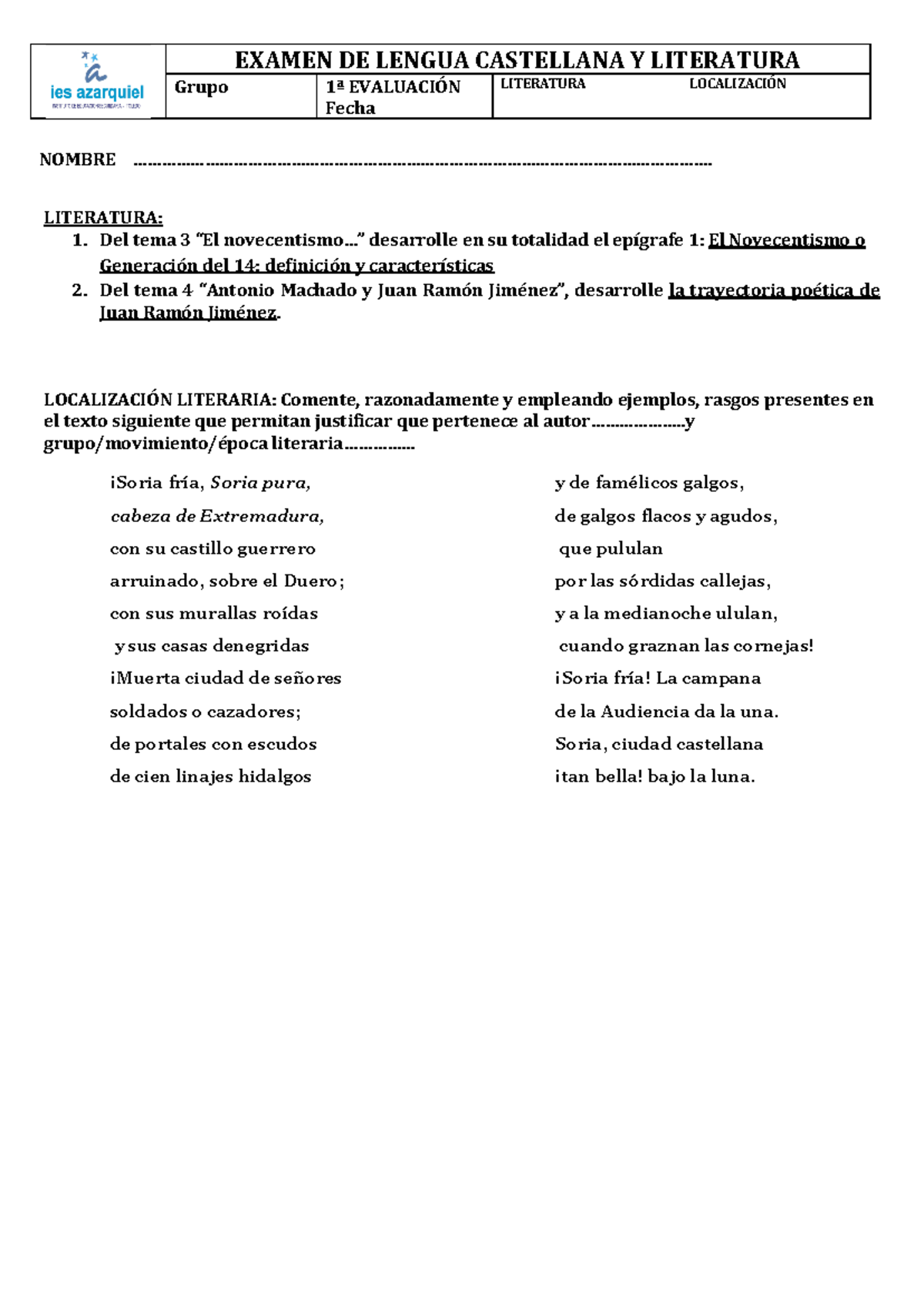 Preparación PAU - EXAMEN DE LENGUA CASTELLANA Y LITERATURA Grupo 1 ª ...