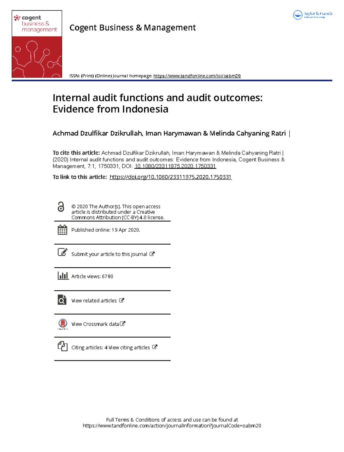 Internal audit functions and audit outcomes Evidence from Indonesia - 1080/23311975. To link to ...