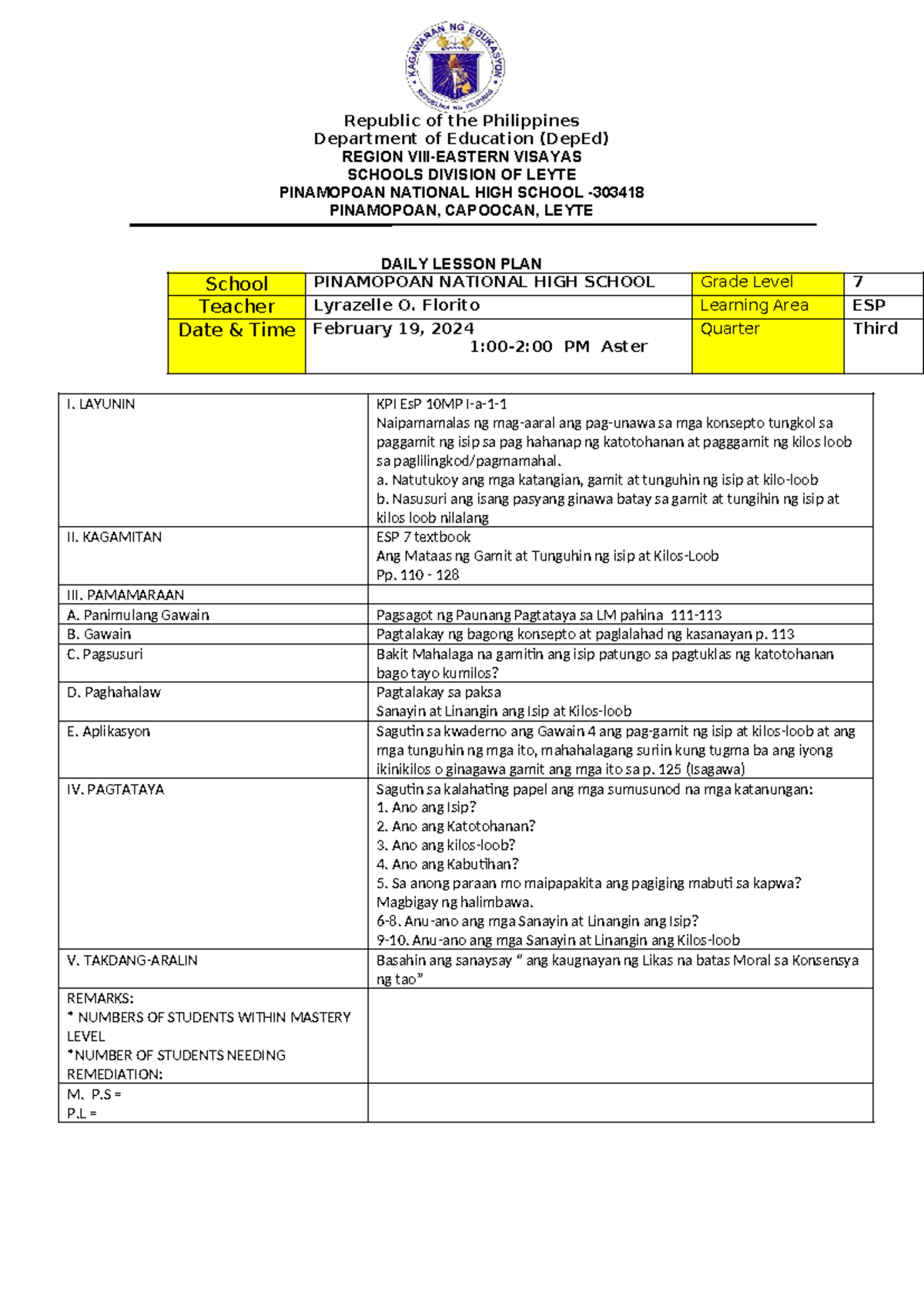 Esp 7 lesson 1 - Republic of the Philippines Department of Education ...