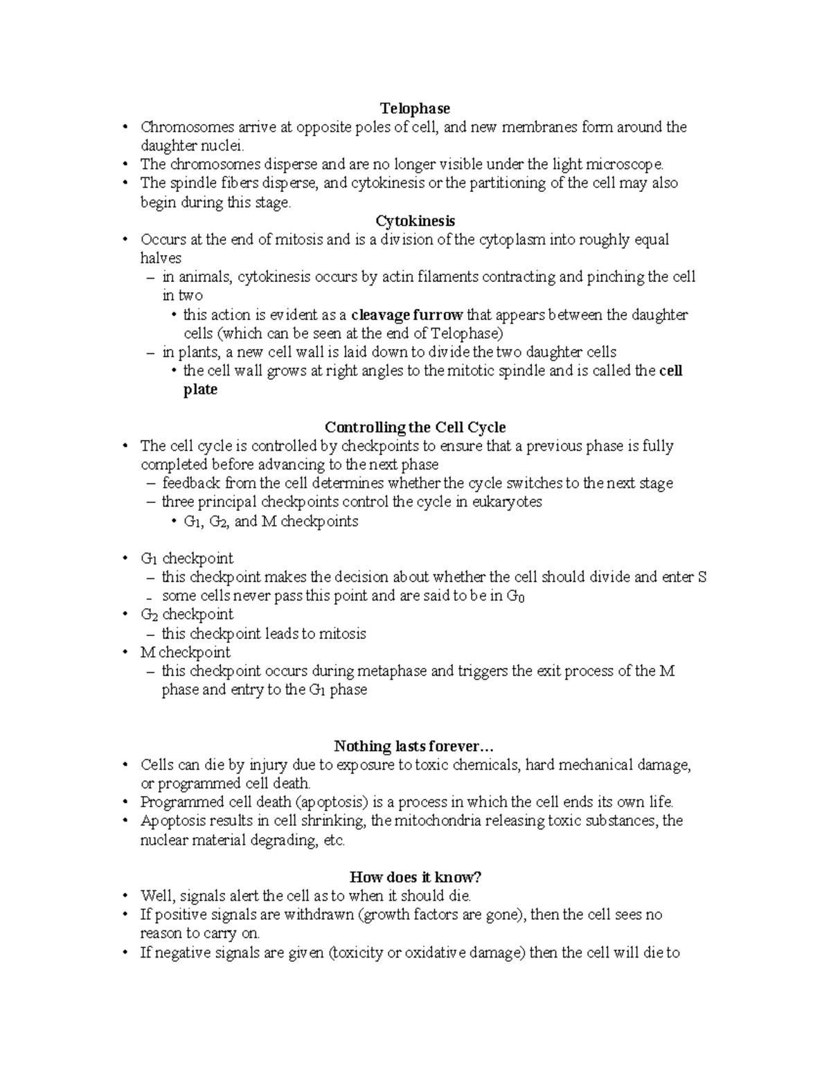 Bio 110 Lec 4 - Biology - Telophase Chromosomes arrive at opposite poles of cell, and new ...