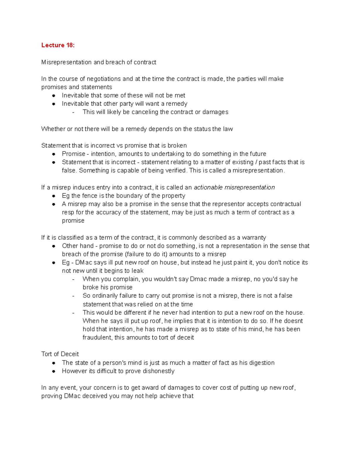 LAWS211 (Contract) Lectures T2 weeks 7 - 9 - Lecture 18: Misrepresentation and breach of ...