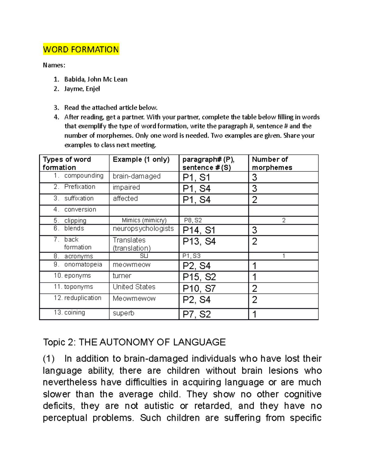 WORD Formation - Notes - WORD FORMATION Names: Babida, John Mc Lean ...