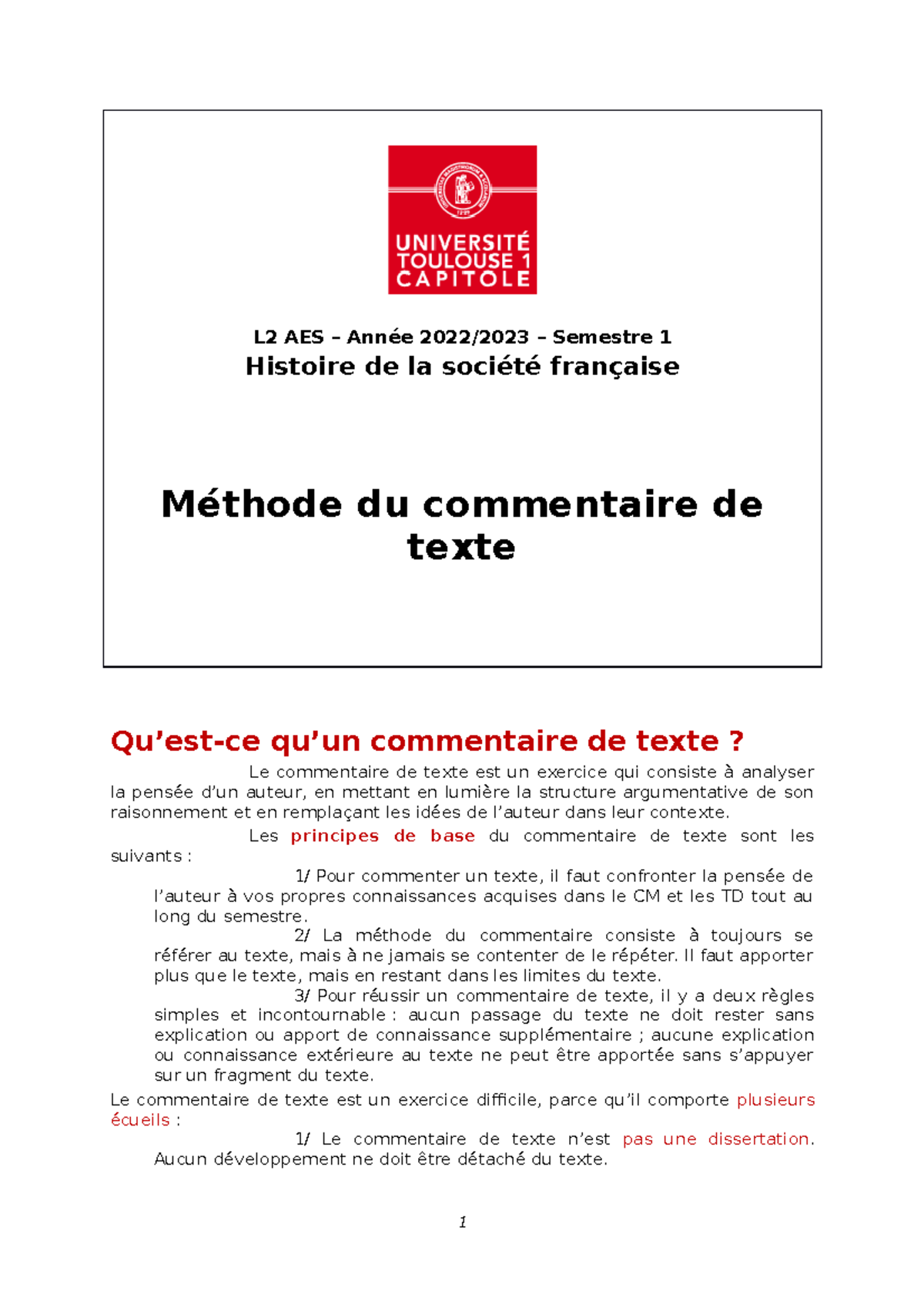 Méthode du commentaire de texte - L2 AES – Année 2022/2023 – Semestre 1 ...