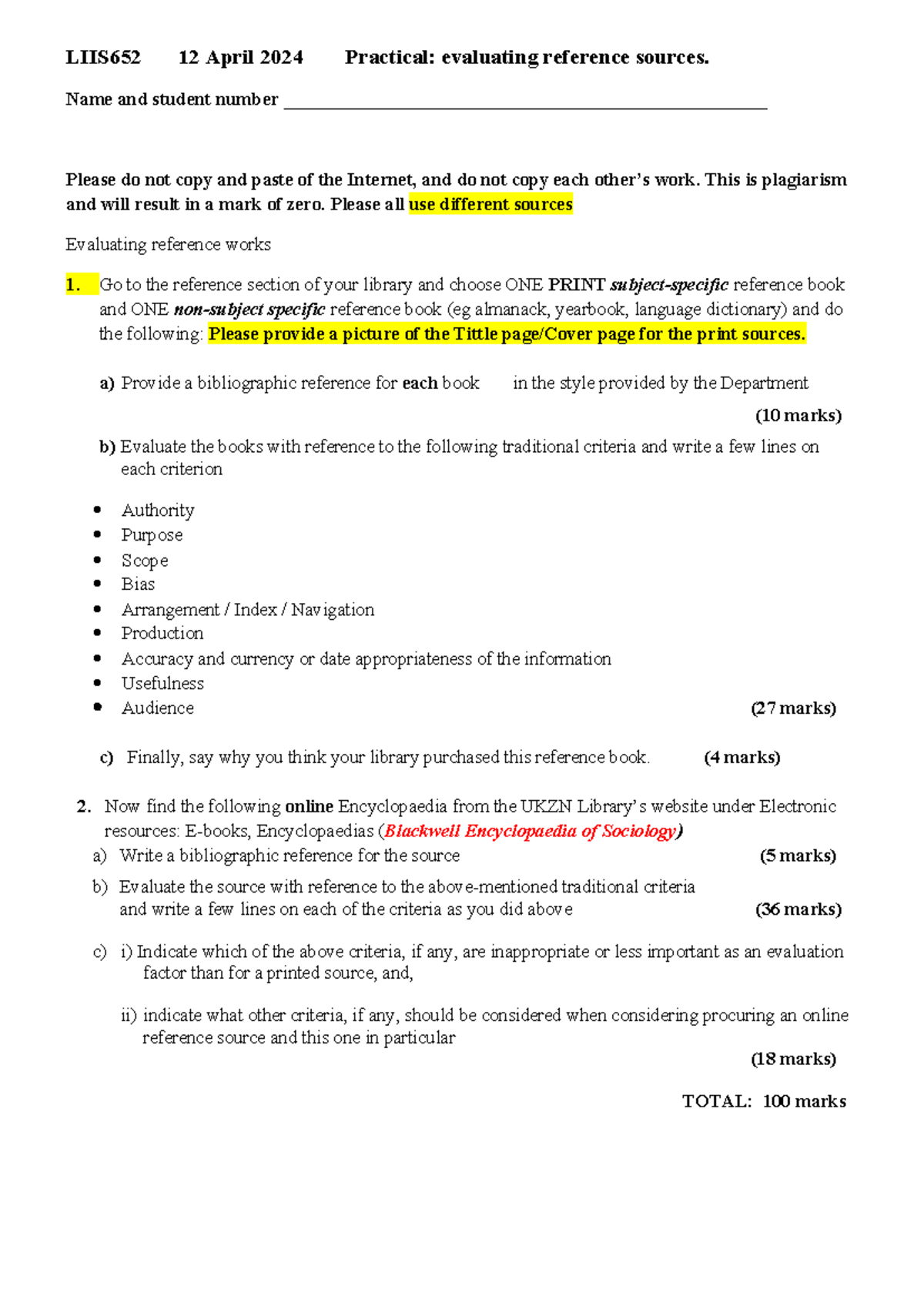 Evaluation of Reference sources - LIIS652 12 April 2024 Practical ...