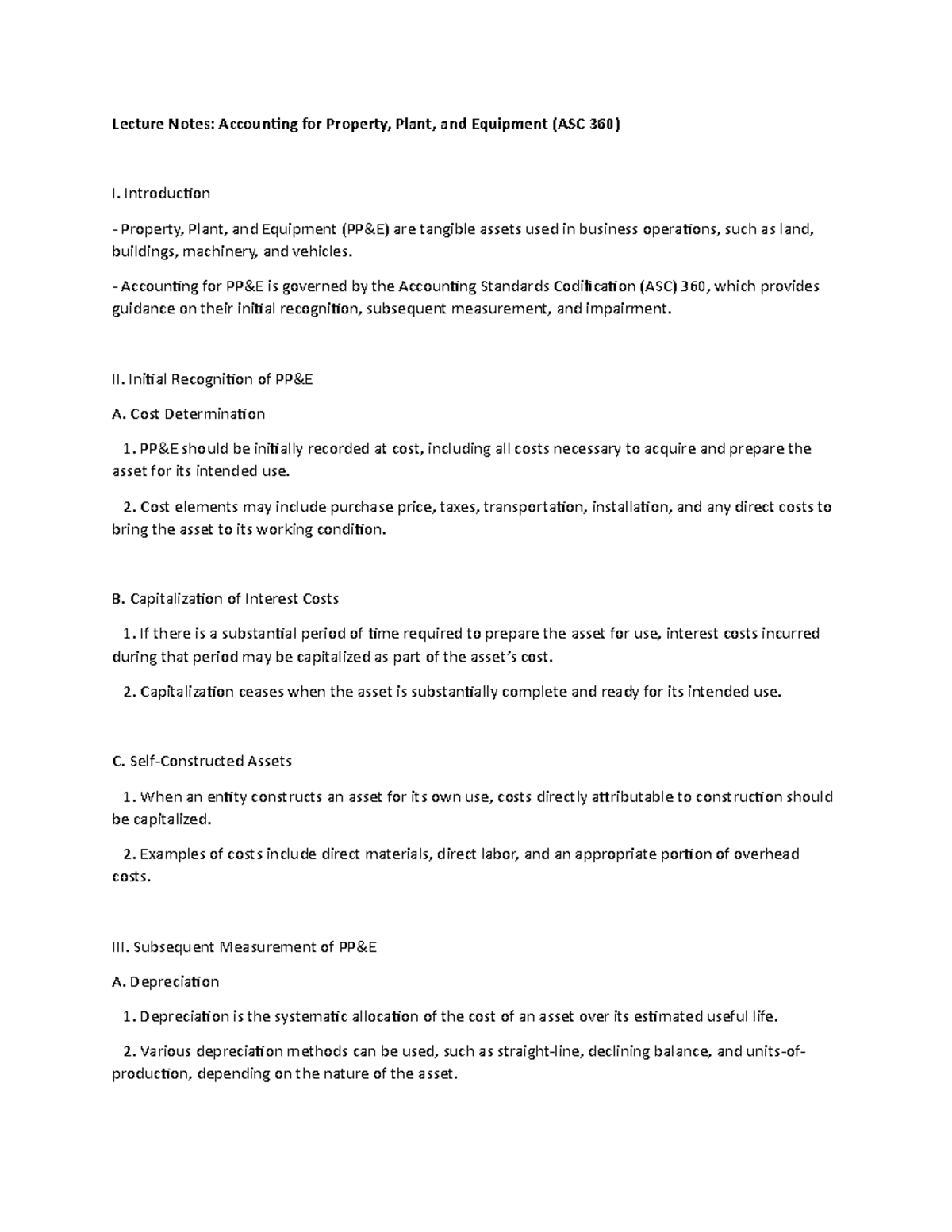 Lecture Notes: Accounting for Property, Plant, and Equipment (ASC 360 ...