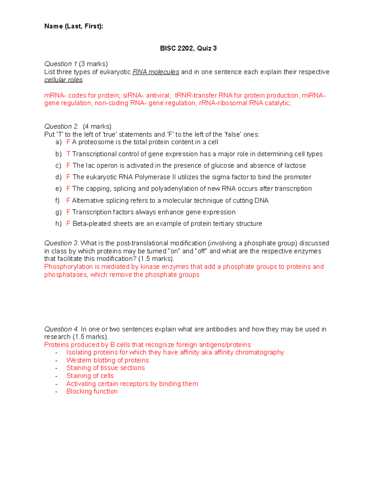 Quiz 3 Answer Key - Name (Last, First): BISC 2202, Quiz 3 Question 1 (3 ...