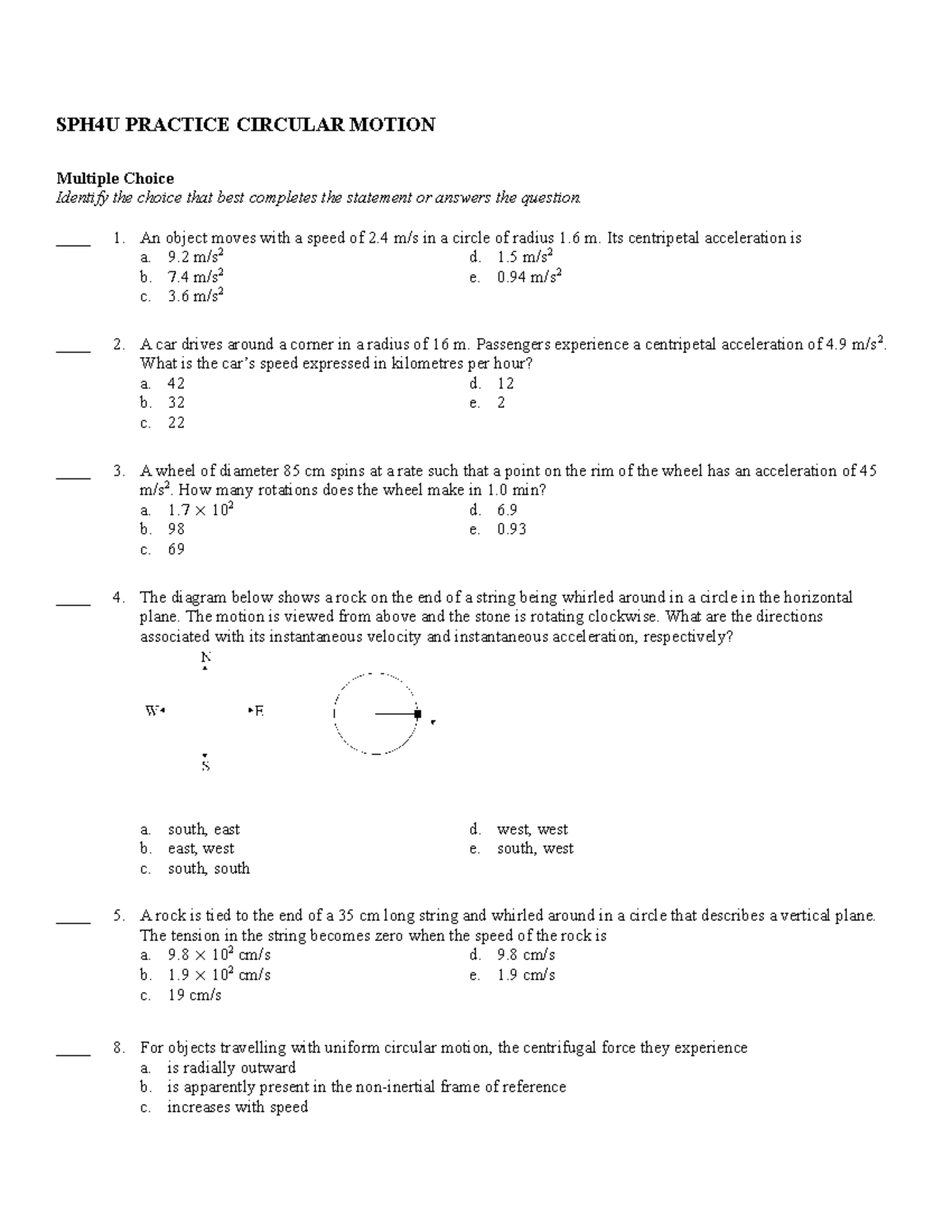 SPH4U Circular Motion Practice Test - SPH4U PRACTICE CIRCULAR MOTION ...