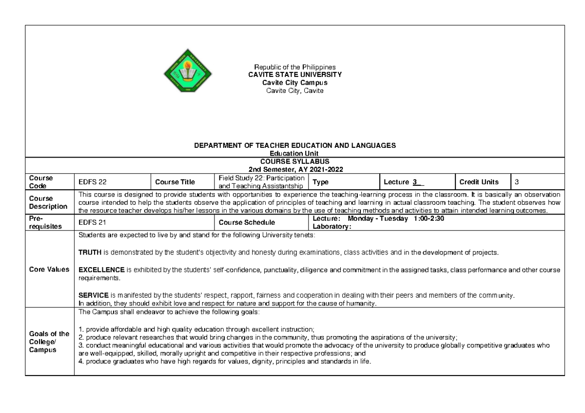 EDFS22 - this is the syllabus for FS2 - Republic of the Philippines ...