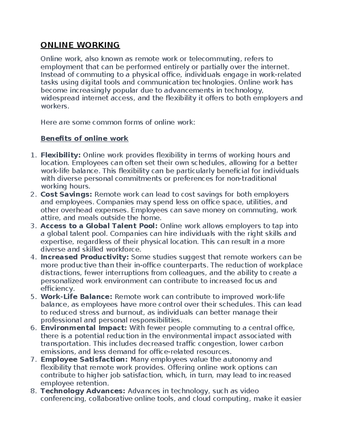 Online working notes - ONLINE WORKING Online work, also known as remote ...