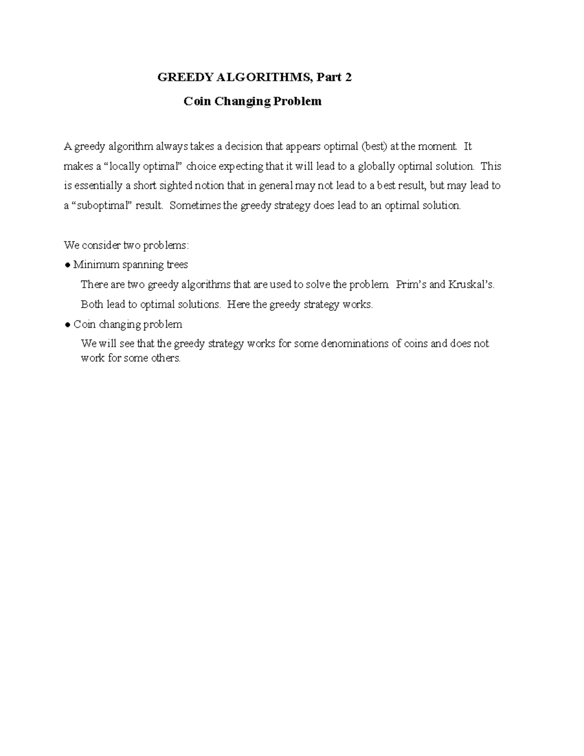 Greedy Algorithms, Part 2, Coin Changing Problem - GREEDY ALGORITHMS, Part 2 Coin Changing ...