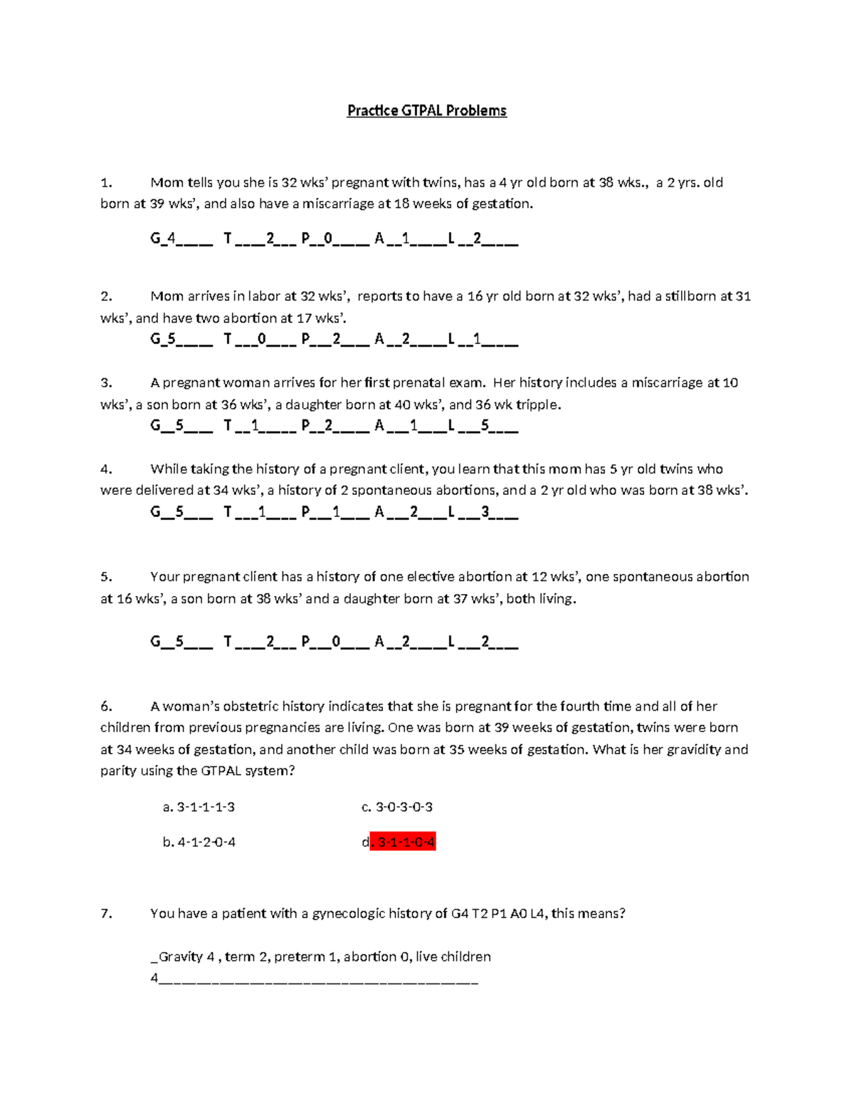 Practice Gtpal- St - questions - Practice GTPAL Problems Mom tells you ...