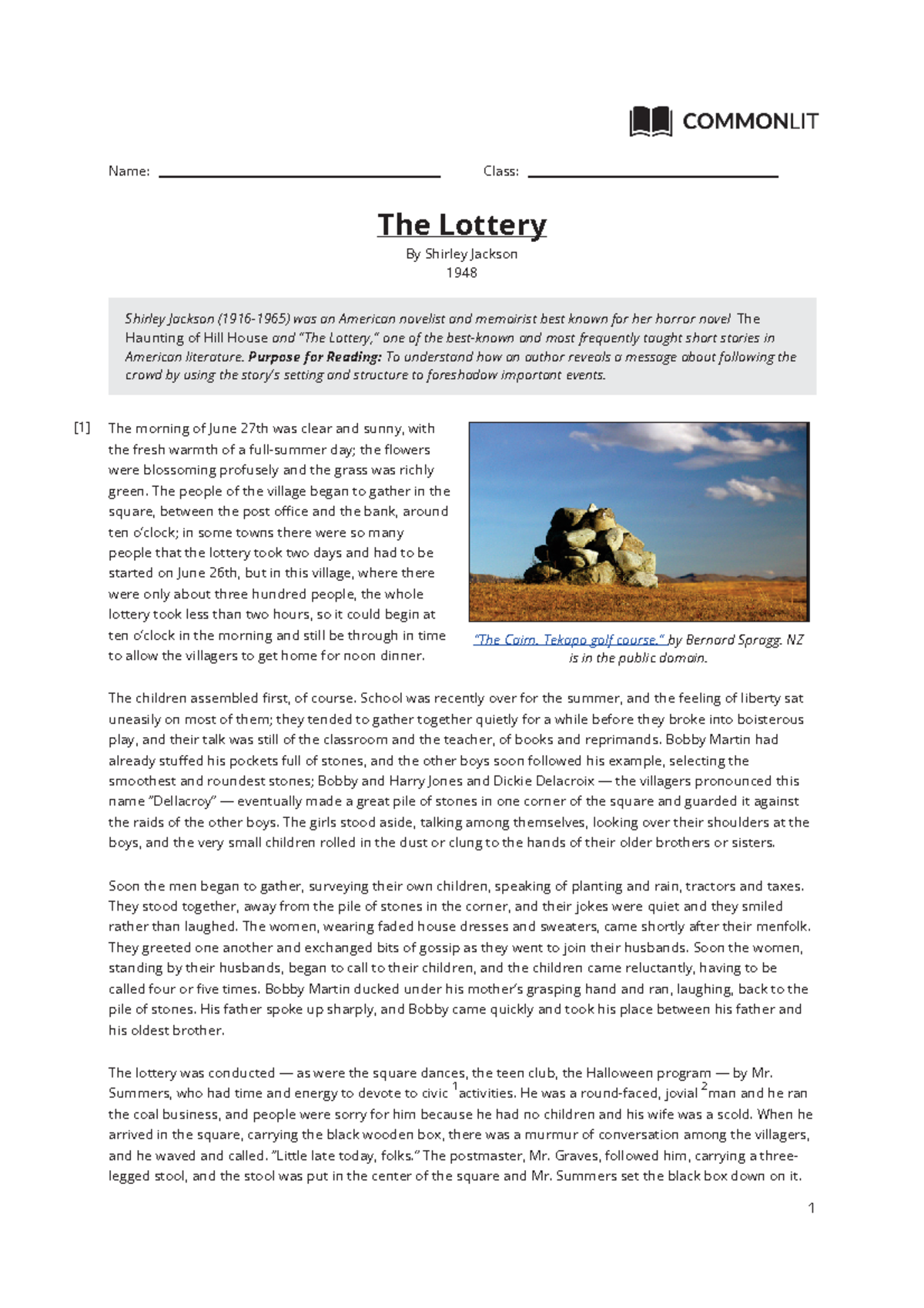 The Lottery BY Shirley Jackson -text+activities - $0