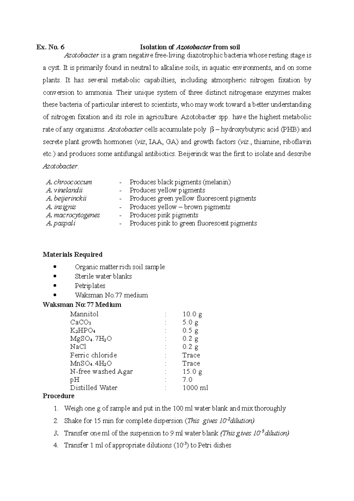 Azotobacter isolationh - Ex. No. 6 Isolation of Azotobacter from soil ...