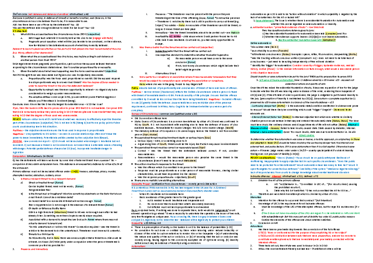 214 final exam cheat sheet - Defences: Self defense and defence of ...