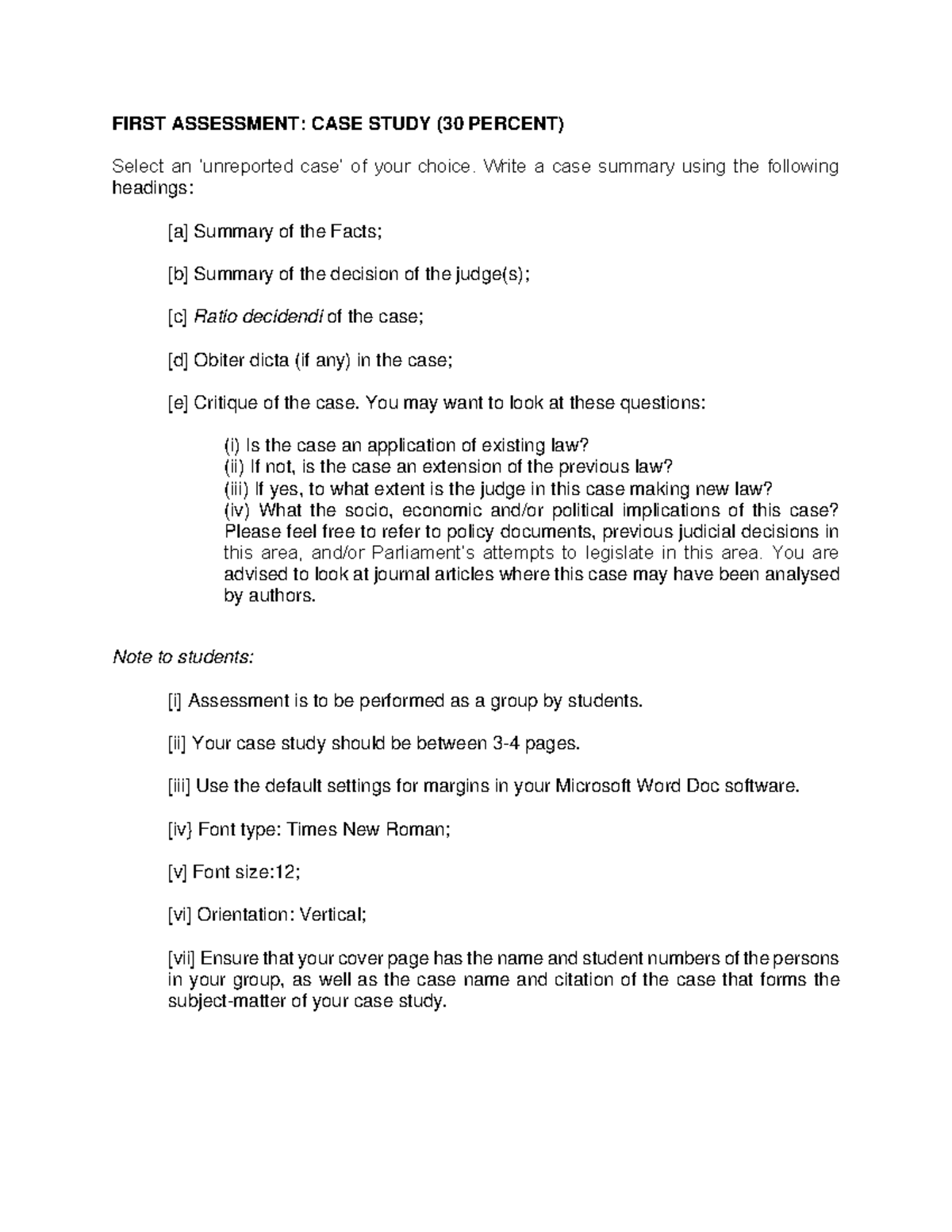 First Assessment (CASE Study) - FIRST ASSESSMENT: CASE STUDY (30 ...
