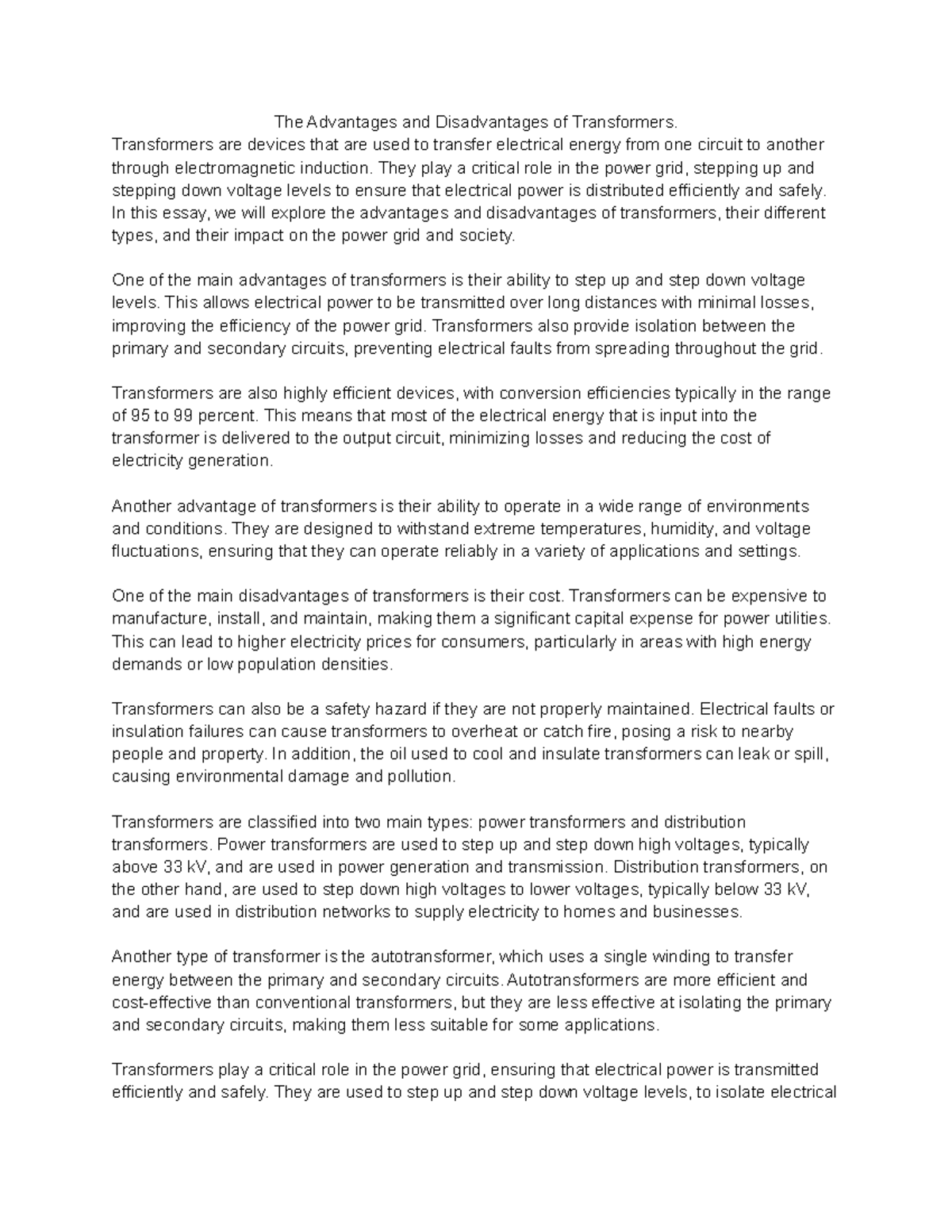 Essay 4 - Electric Machines and Transformers - The Advantages and Disadvantages of Transformers ...
