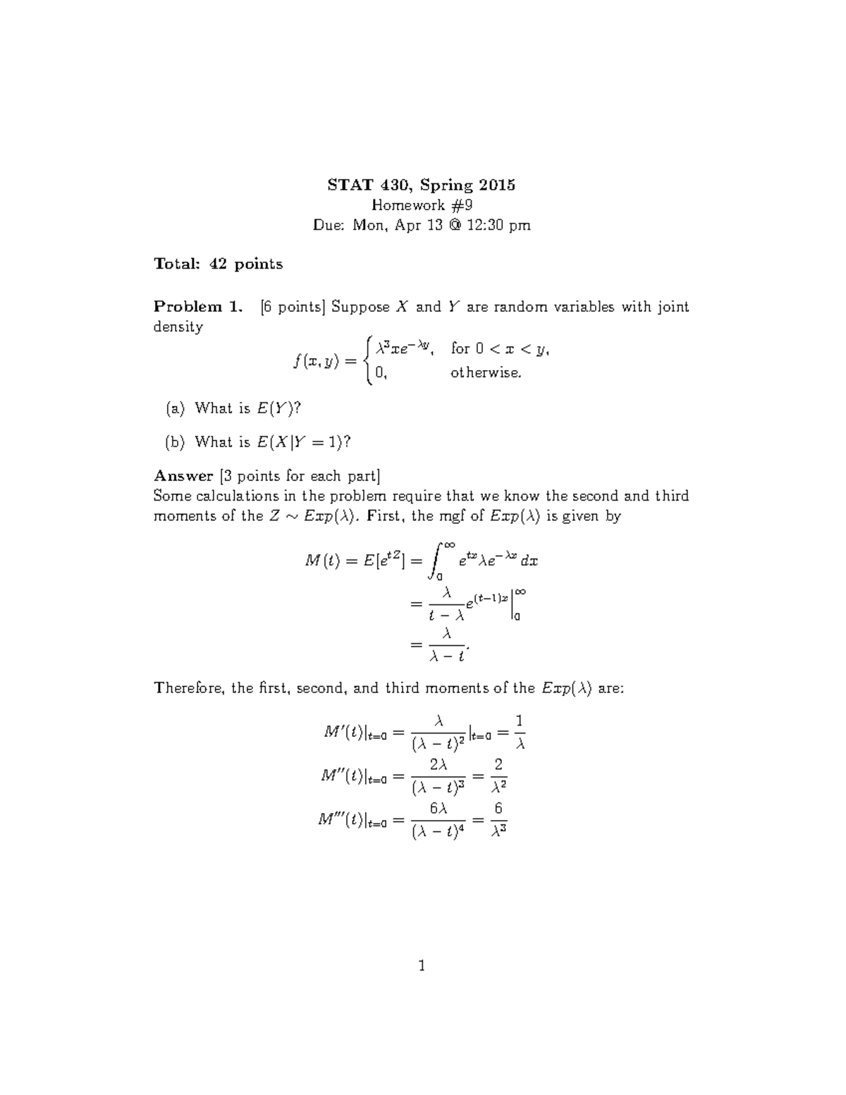 Hw9 sol - Practice questions w/ solutions - STAT 430, Spring 2015 Homework # Due: Mon, Apr 13 ...