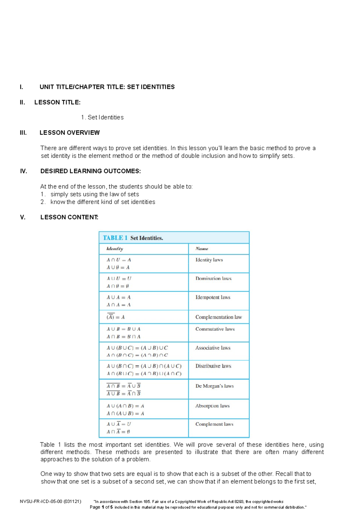 Instructional Module 3 - Law of Algebraic Sets - I. UNIT TITLE/CHAPTER ...
