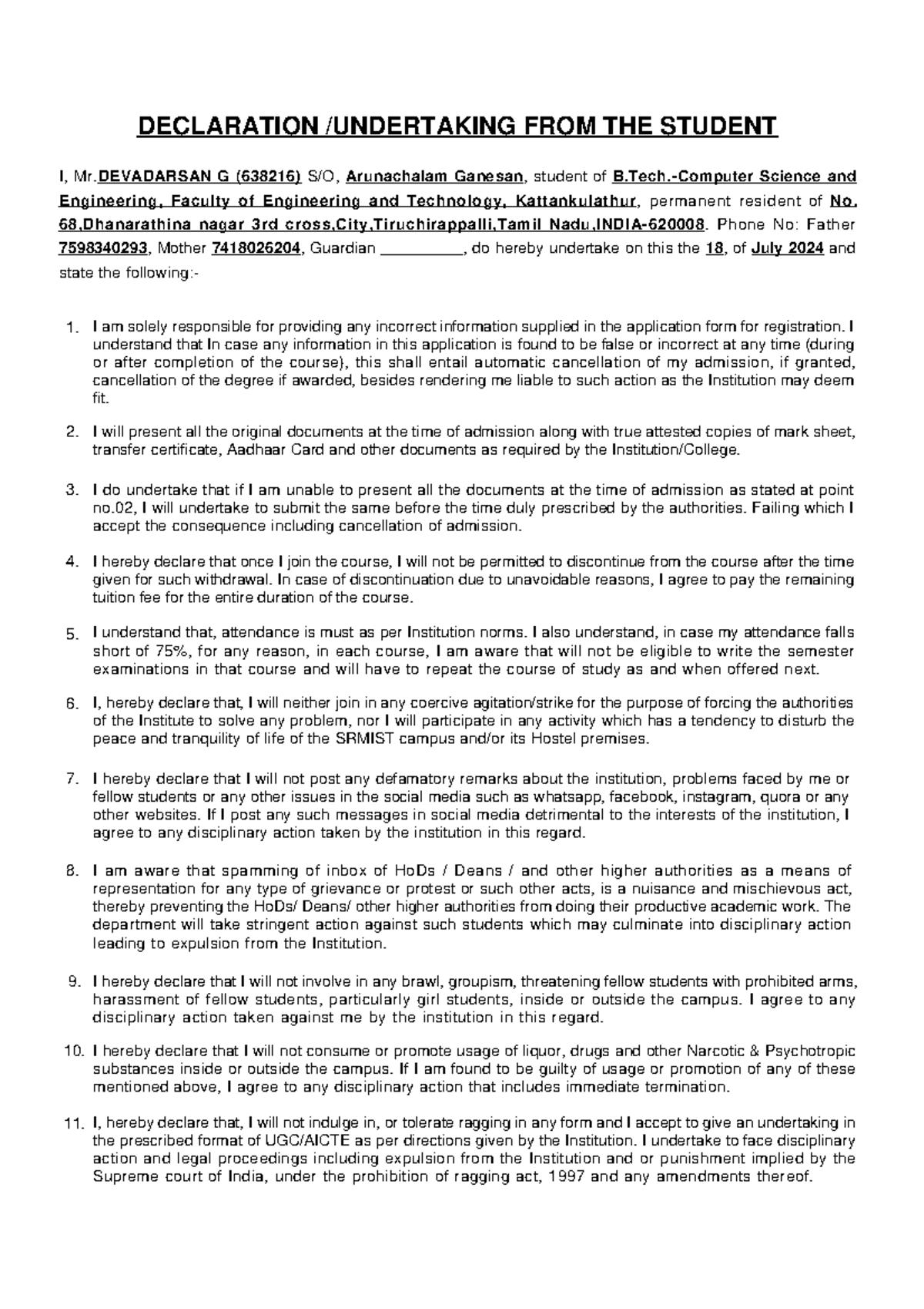 Print Declaration And Affidavit Forms.jsp - DECLARATION /UNDERTAKING ...