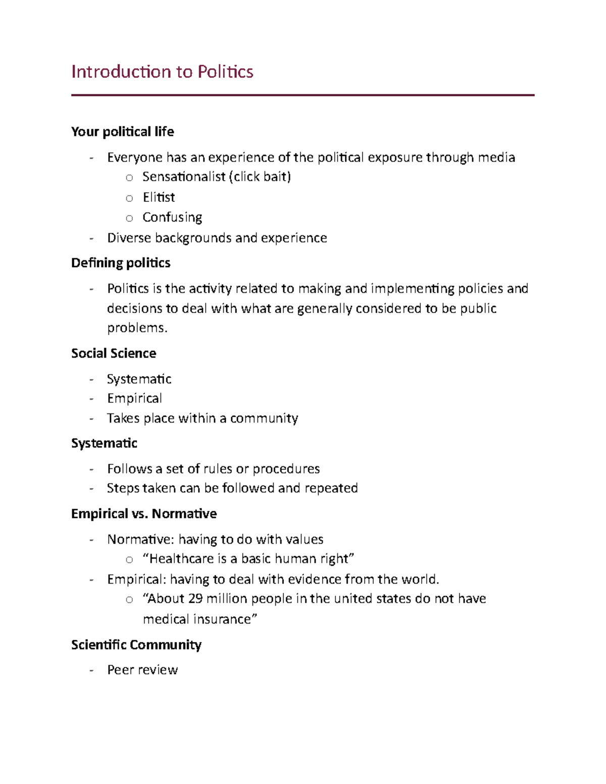 Introduction to Politics notes - Introduction to Politics Your ...