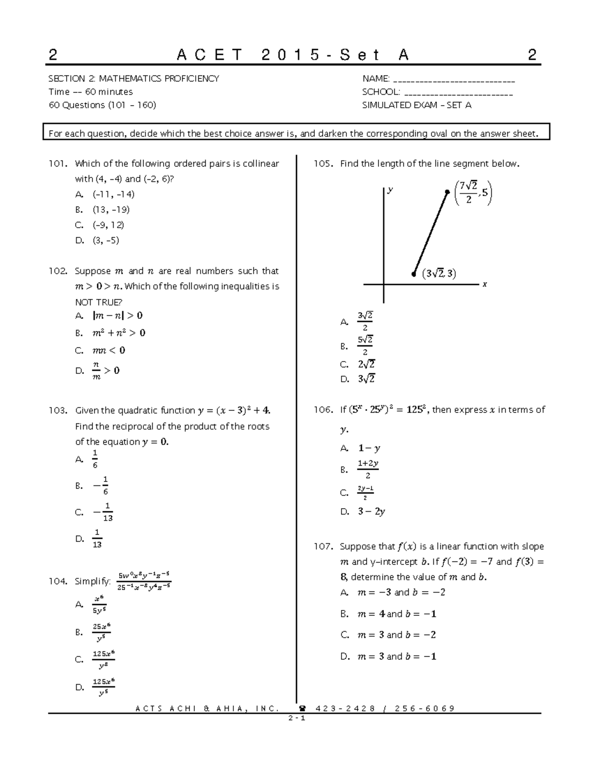 ACET2015 Simulated-EXAM-SET-A Section-2 Mathematics- Proficiency-v.4 ...