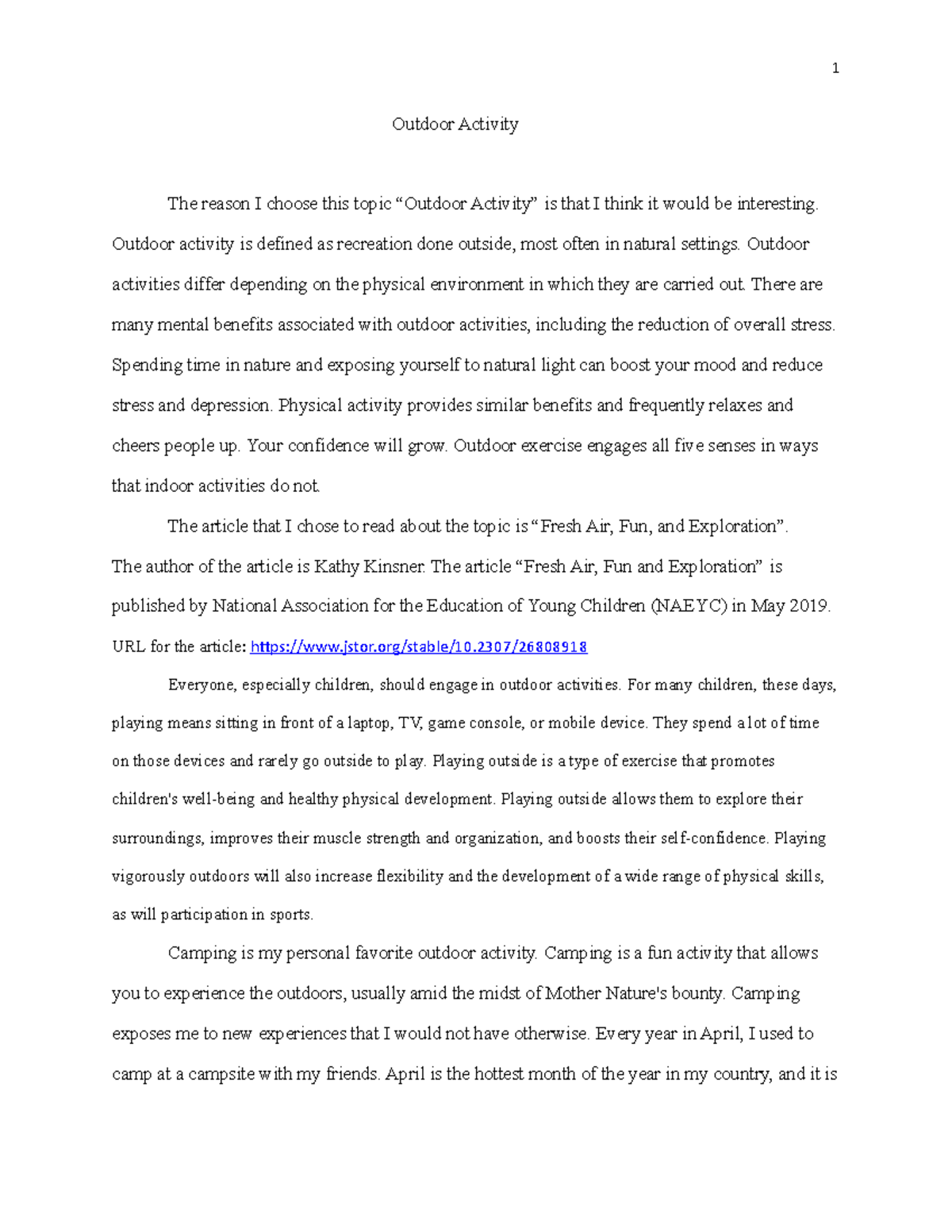 Learning Journal Unit 4 - 1 Outdoor Activity The reason I choose this ...