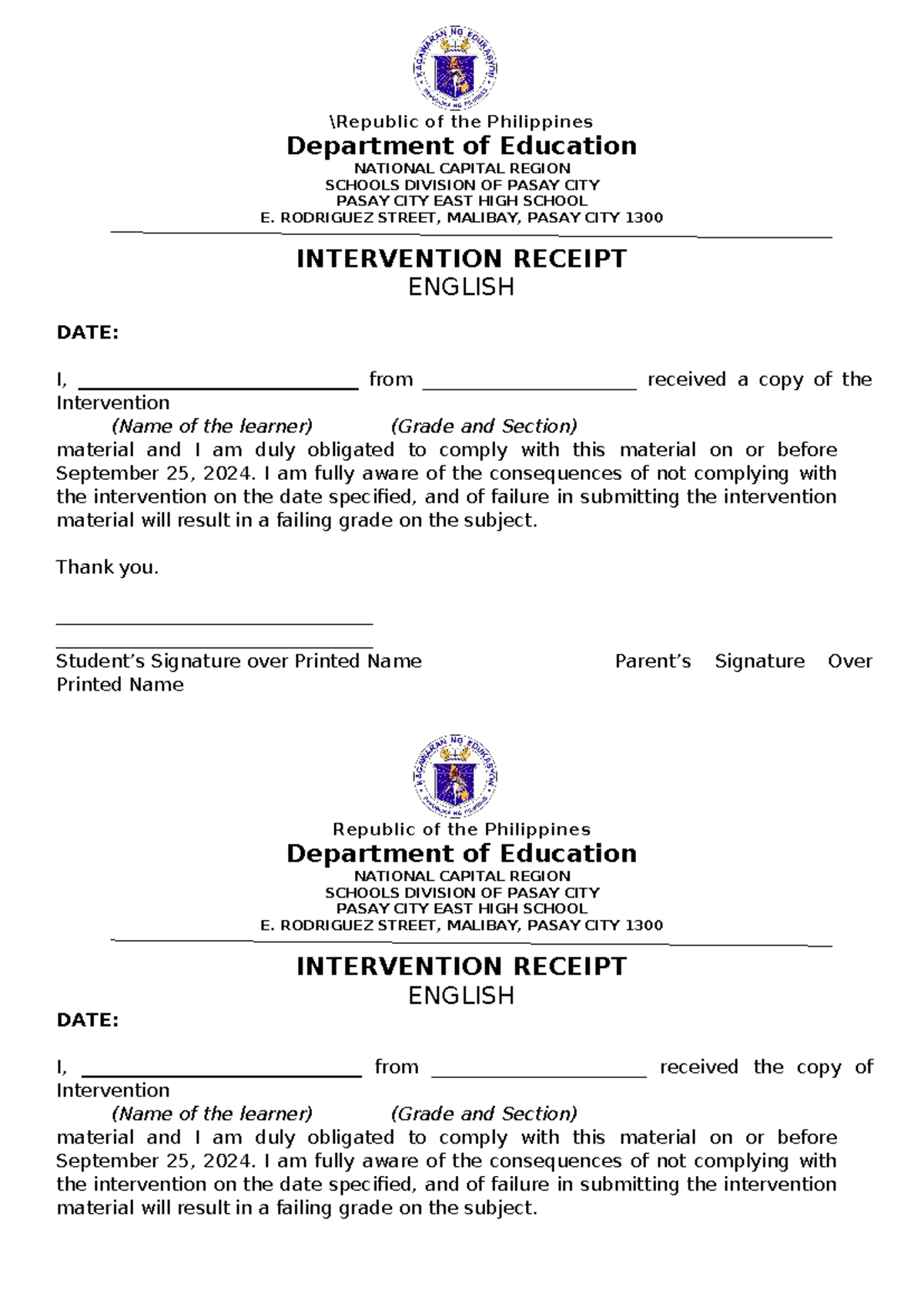 Intervention Receipt - guide - \Republic of the Philippines Department of Education NATIONAL ...