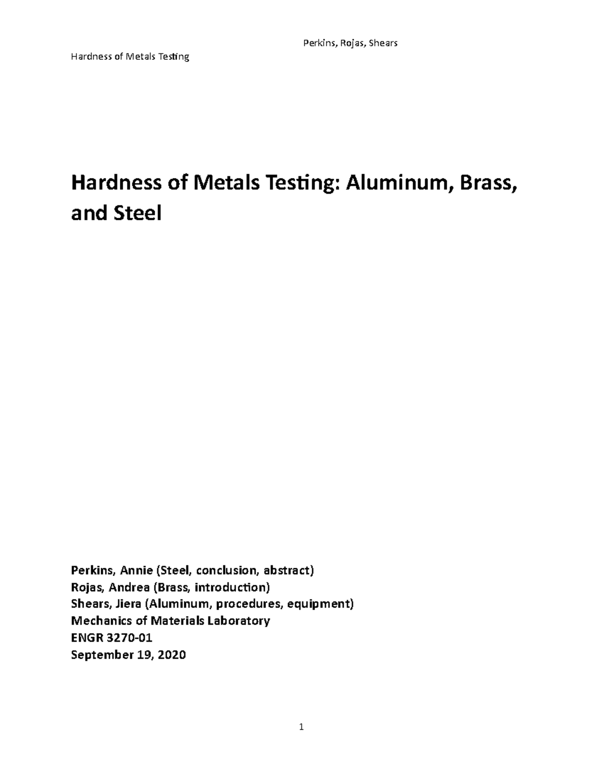 Formal Lab Report Template Fall 2019 - Hardness of Metals Testing ...